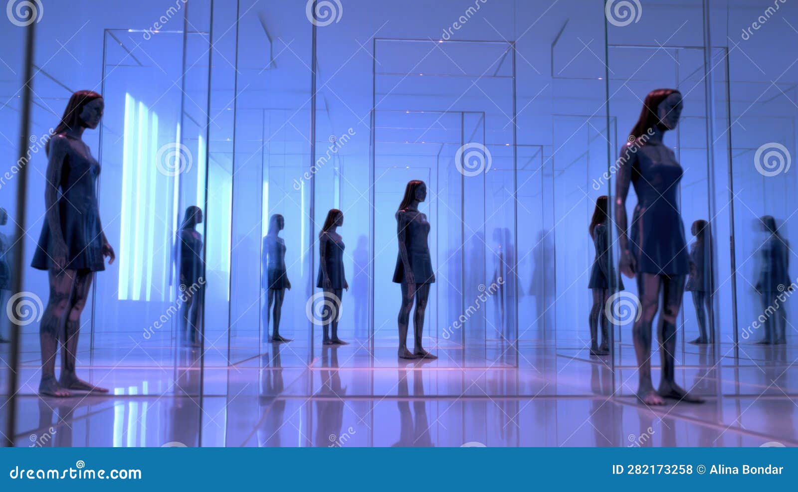 A Sculpture Installation Consisting of Real and Reflected Human Figures ...
