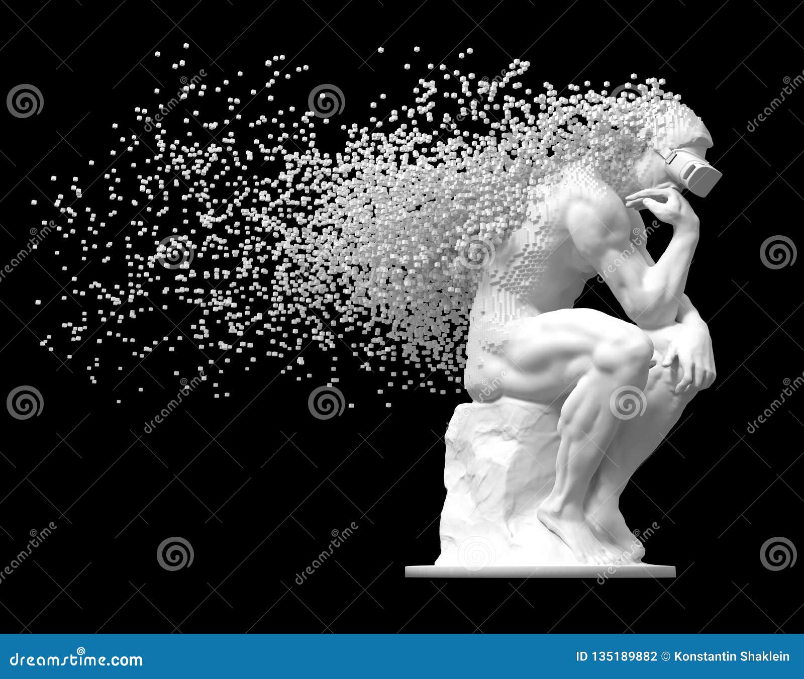 Sculpture Thinker With Vr Glasses Desintegrated Into 3d Pixels On Black Background Editorial