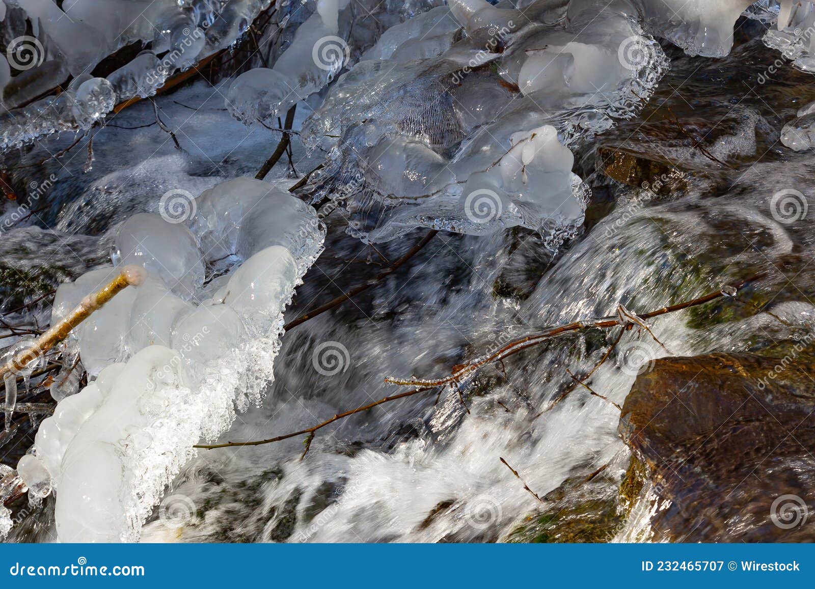 Sculptures of Ice Hanging Over a Waterfall Stock Image - Image of river ...