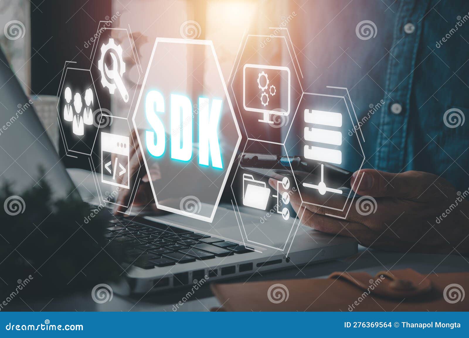 Person Typing Keyboard Computer with SDK Icon on Virtual Screen Stock ...