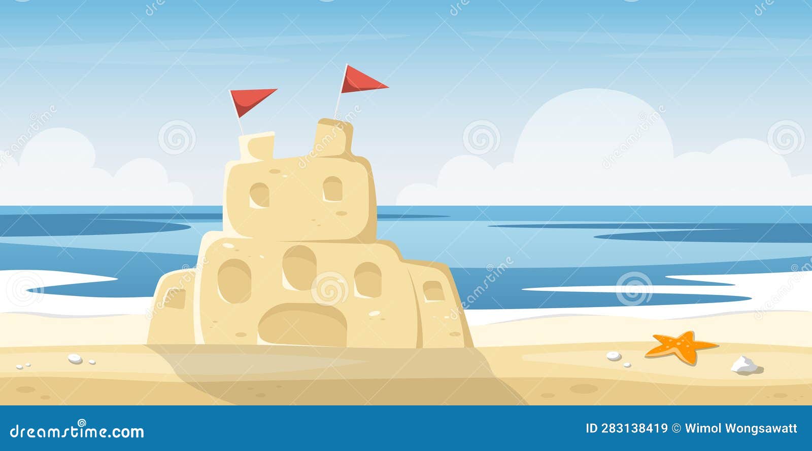 Cartoon Sandcastle on Beach, Vector Illustration. Stock Vector ...