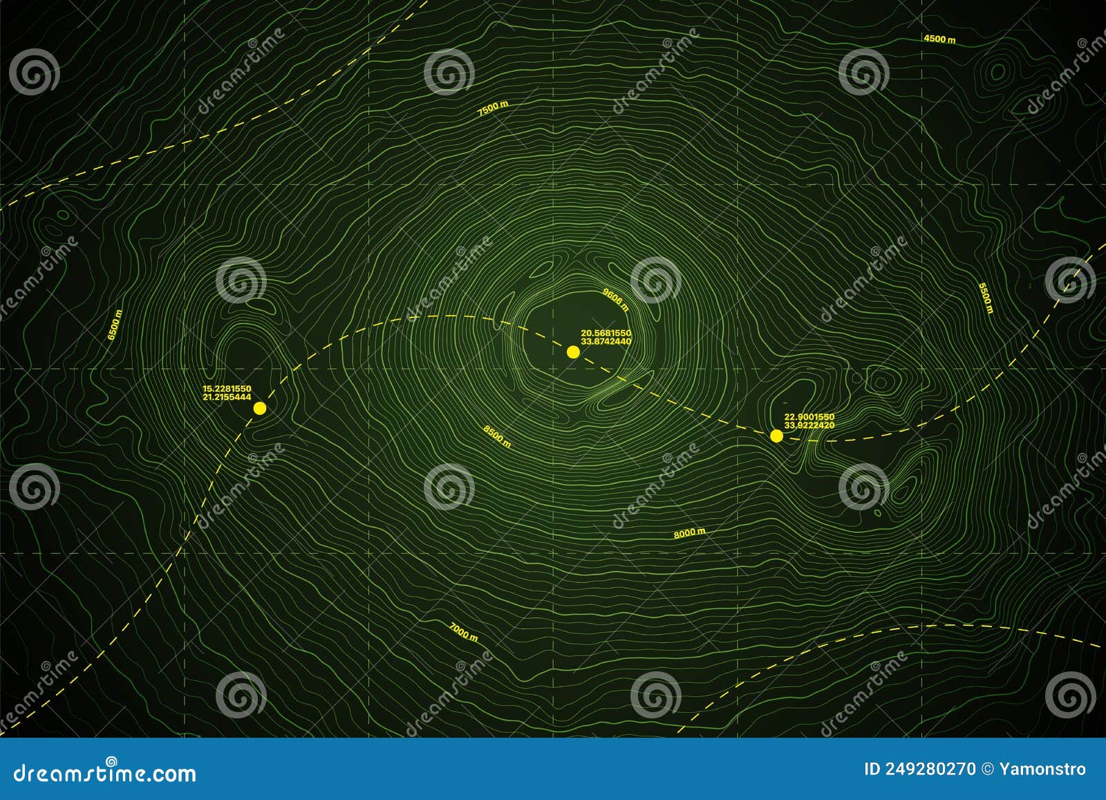 Sea Abyss Vector Topography Map with Depth Route and Coordinate Green ...