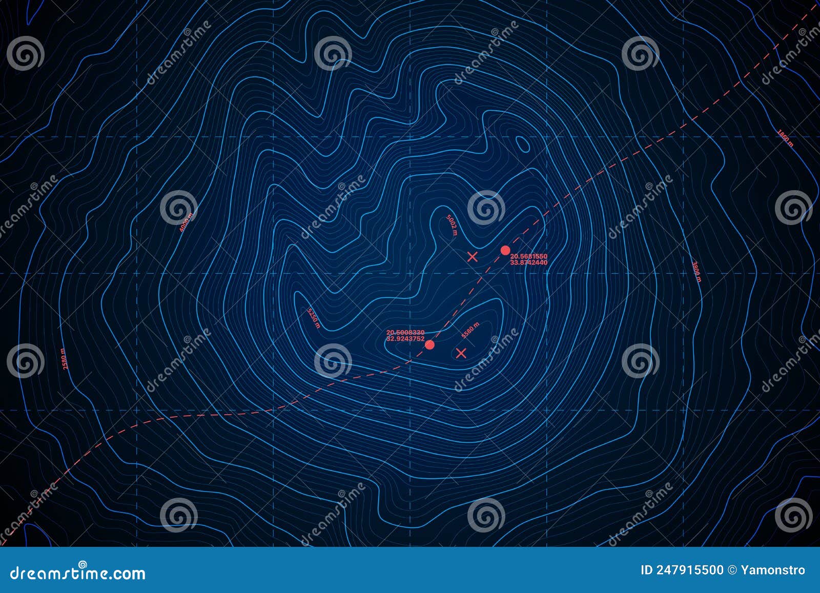 Sea Abyss Vector Topographic Map with Depth Route and Coordinate Blue ...