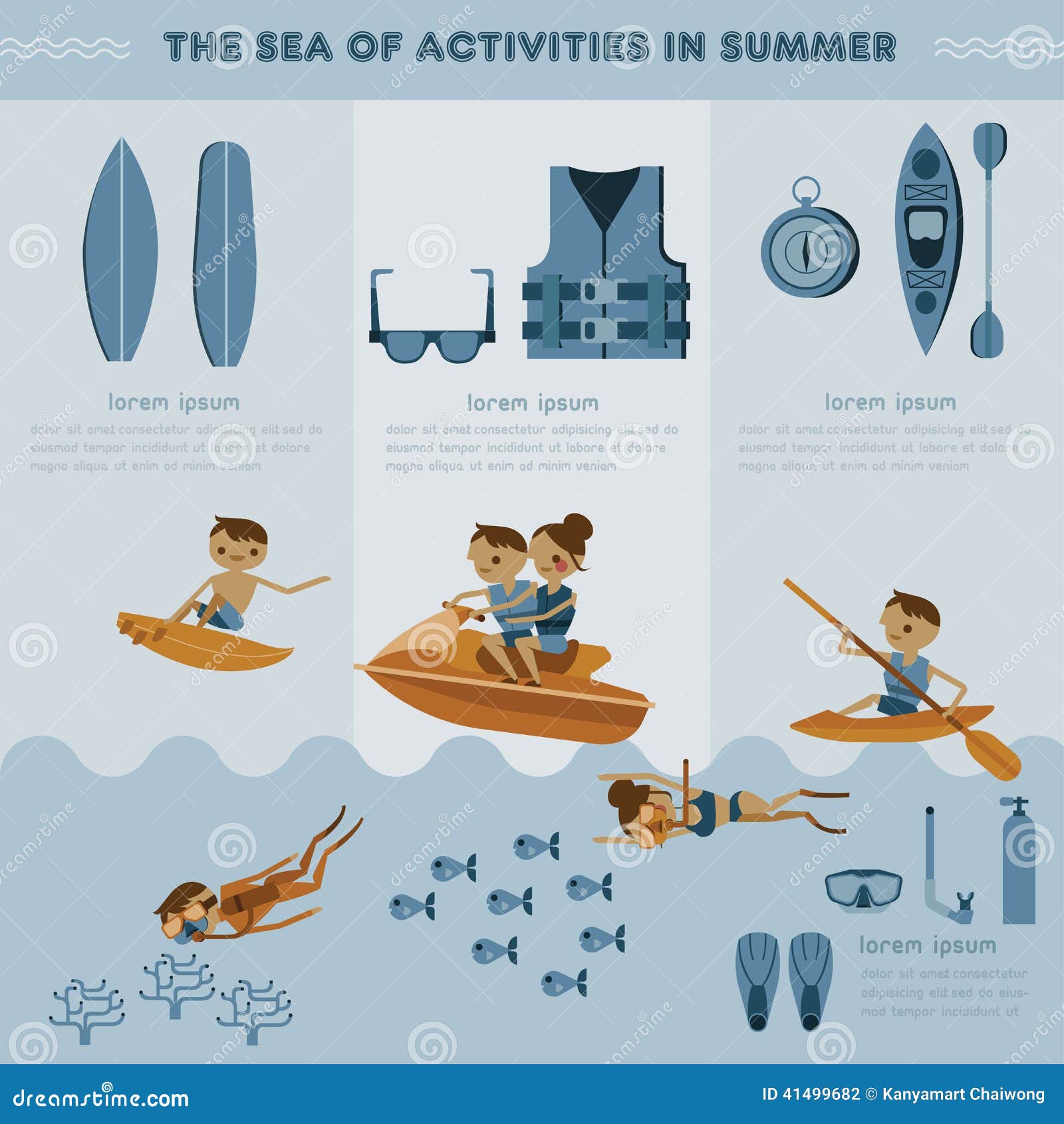 The Sea of Activities in Summer Set Stock Vector - Illustration of fish ...