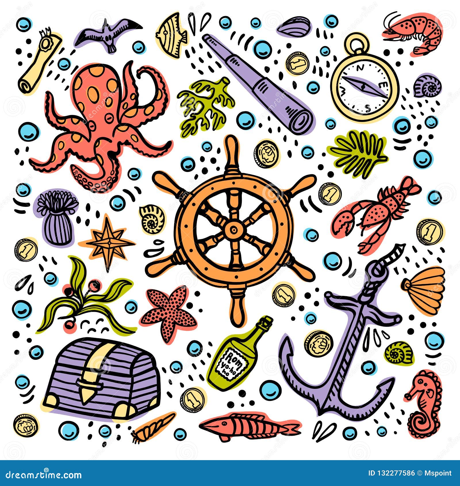 Sea Adventures Card. Marine Hand Drawn Vector Objects. Doodle Style ...