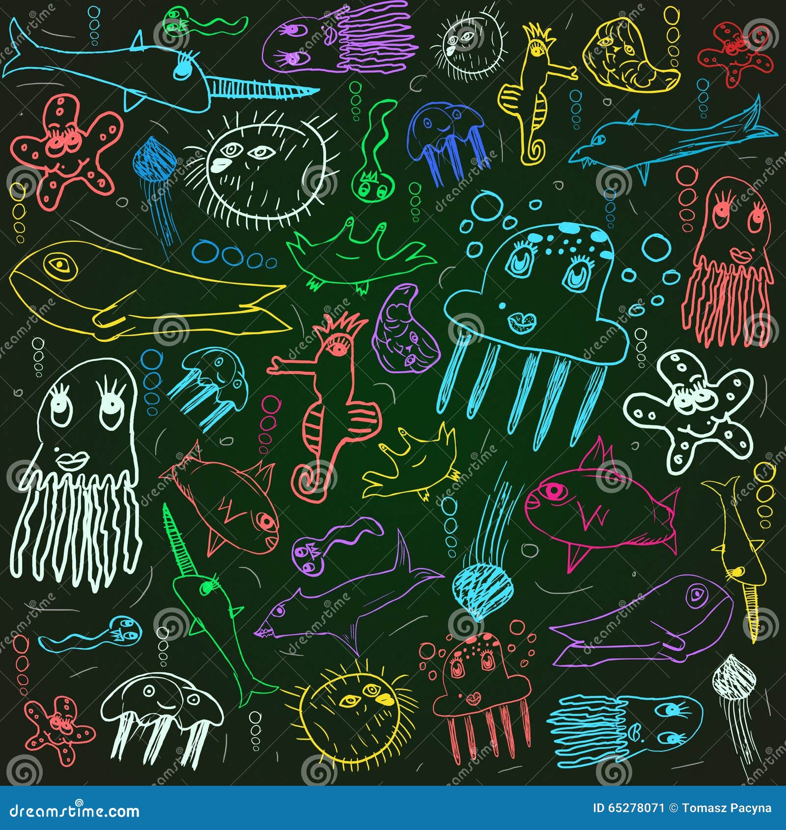 Sea Animals Creatures, Child Scribbles Background On The Blackboard ...