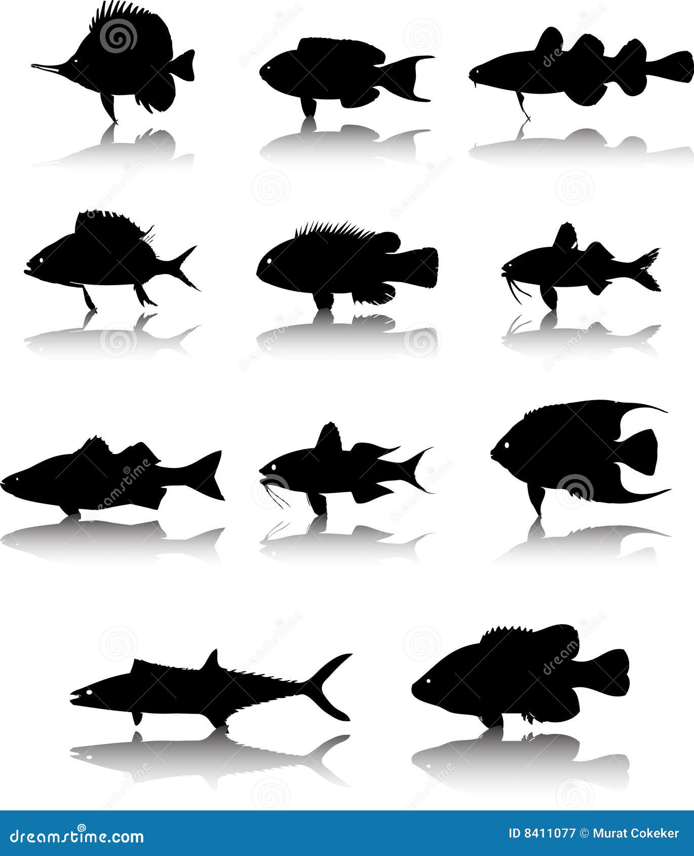Sea Animals Fish Silhouettes Set Stock Vector - Illustration of ...