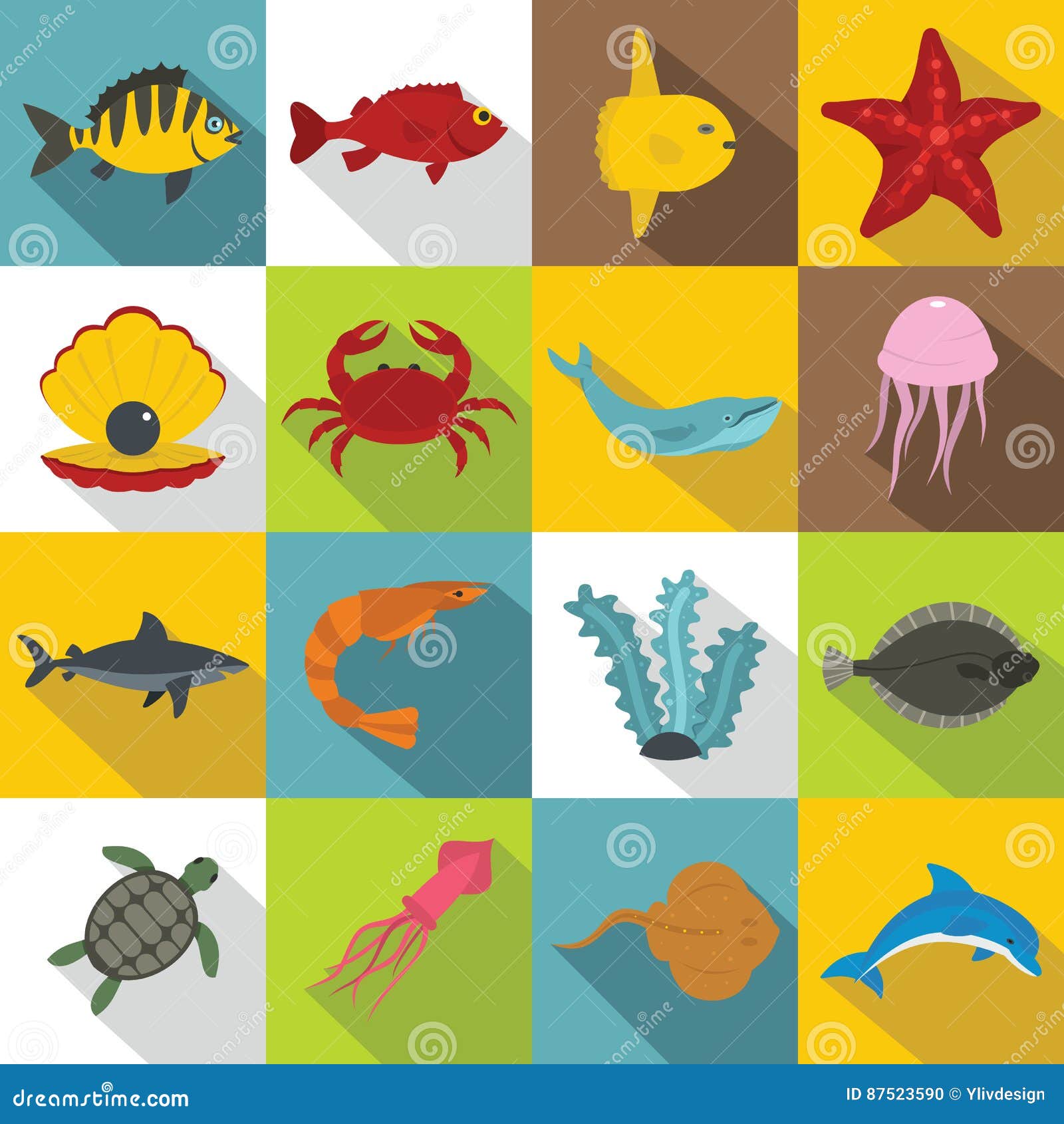 Sea Animals Icons Set, Flat Style Stock Vector - Illustration of ...