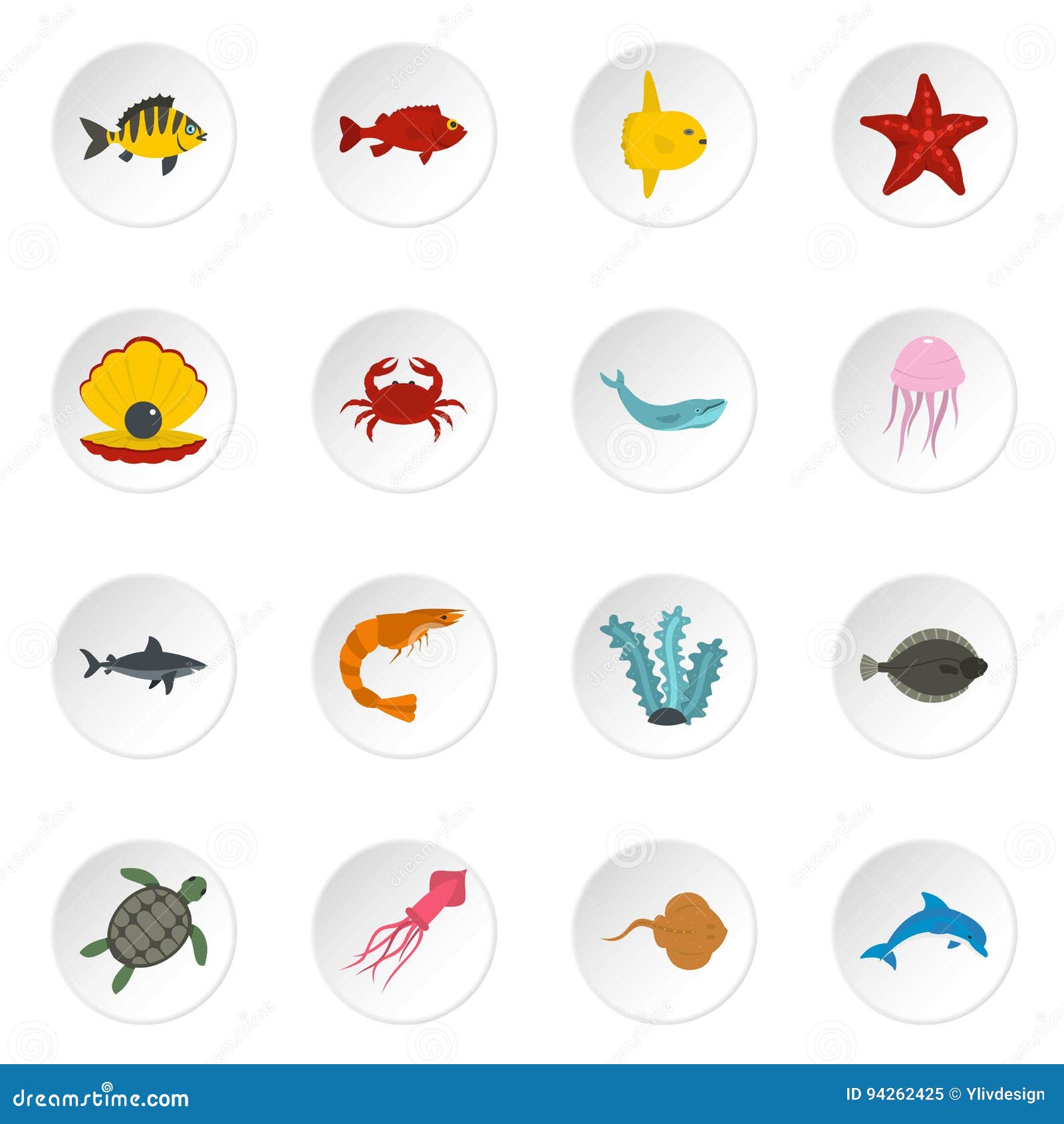 Sea Animals Icons Set in Flat Style Stock Vector - Illustration of ...
