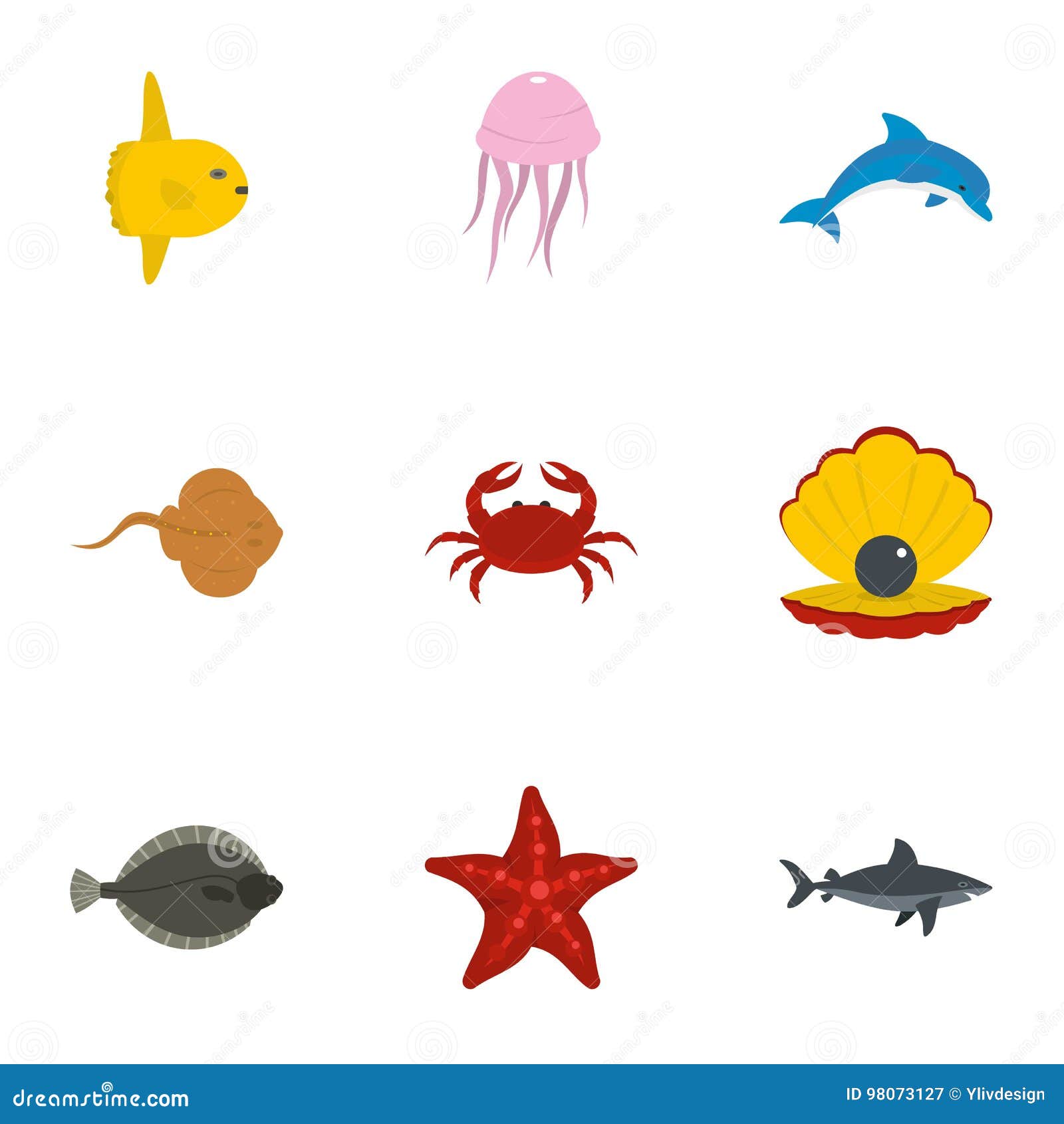 Sea Animals Icons Set, Flat Style Stock Vector - Illustration of icon ...