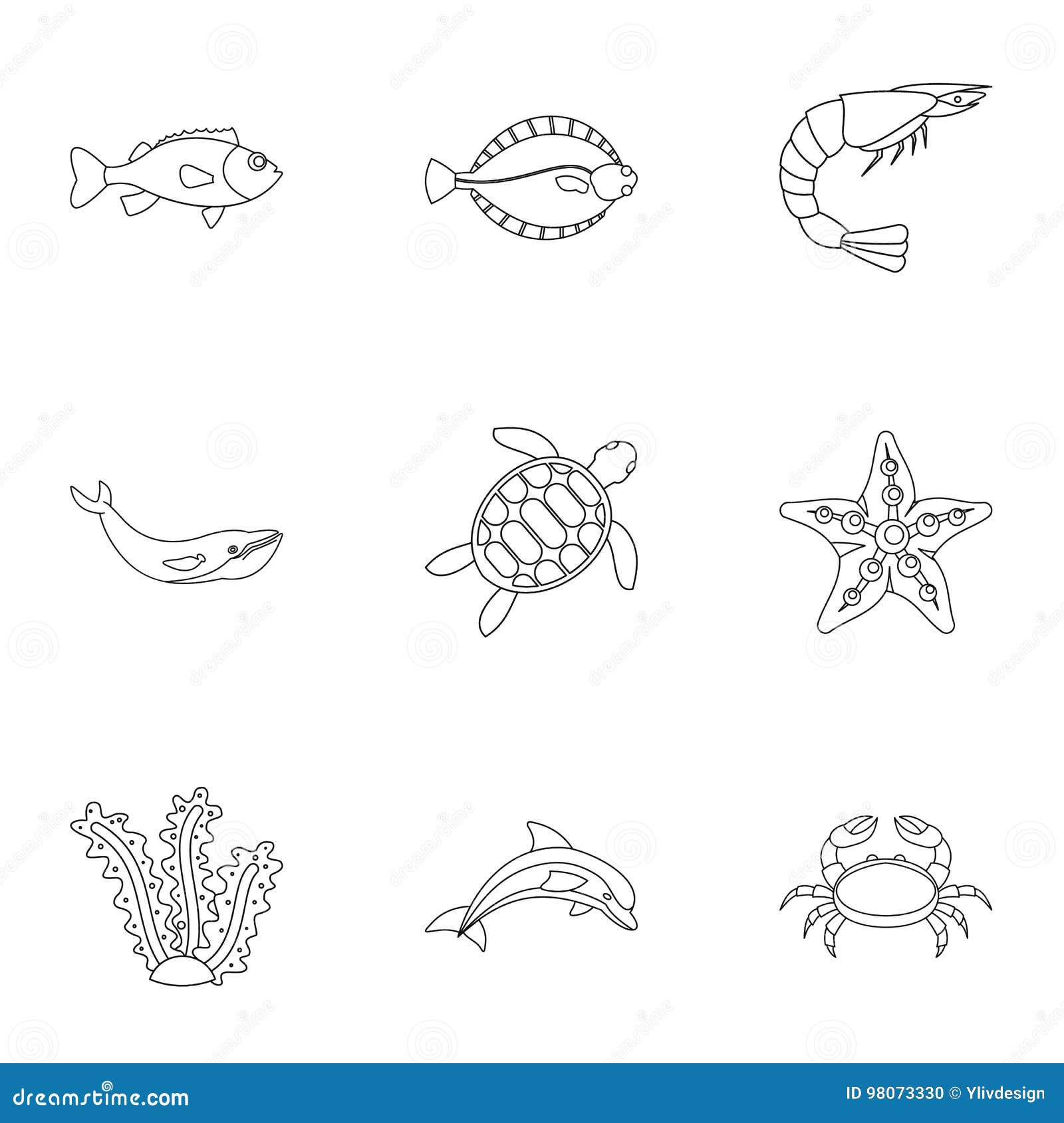 Sea Animals Icons Set, Outline Style Stock Vector - Illustration of ...