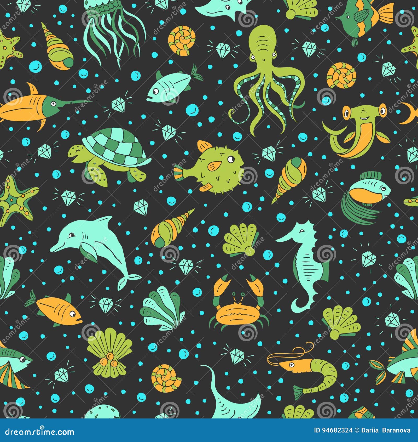 Sea animals pattern stock vector. Illustration of sketch - 94682324