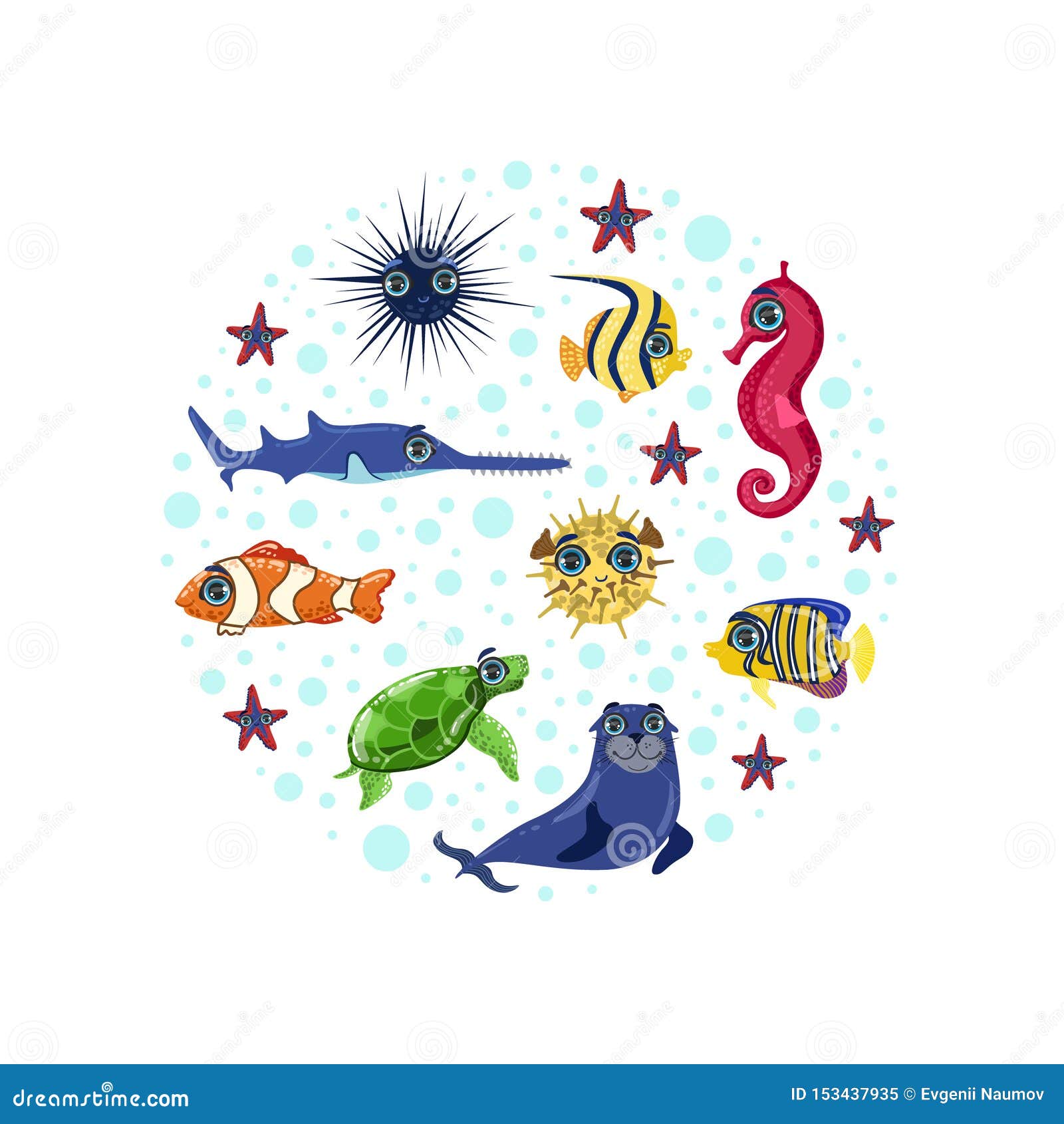 Sea Animals Seamless Pattern of Round Shape, Colorful Underwater Marine ...