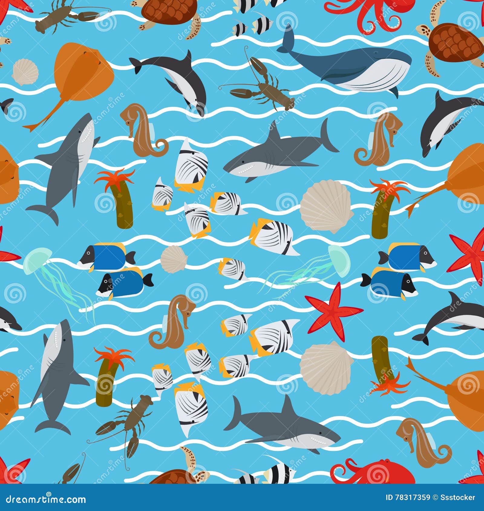 Sea Animals Seamless Pattern with Waves Stock Vector - Illustration of ...