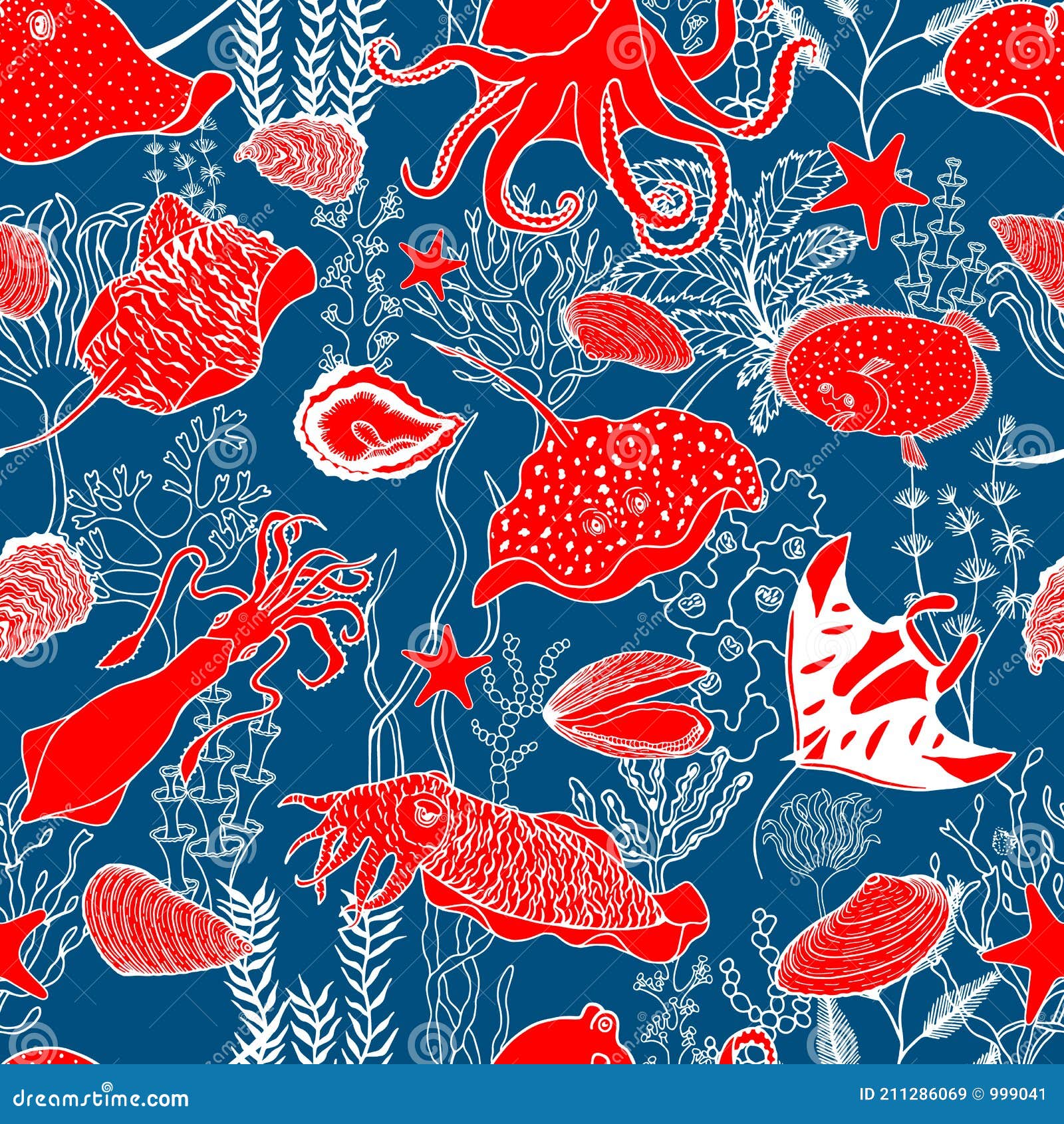 Sea Animals and Seaweed Seamless Pattern. Vector Stock Illustration ...