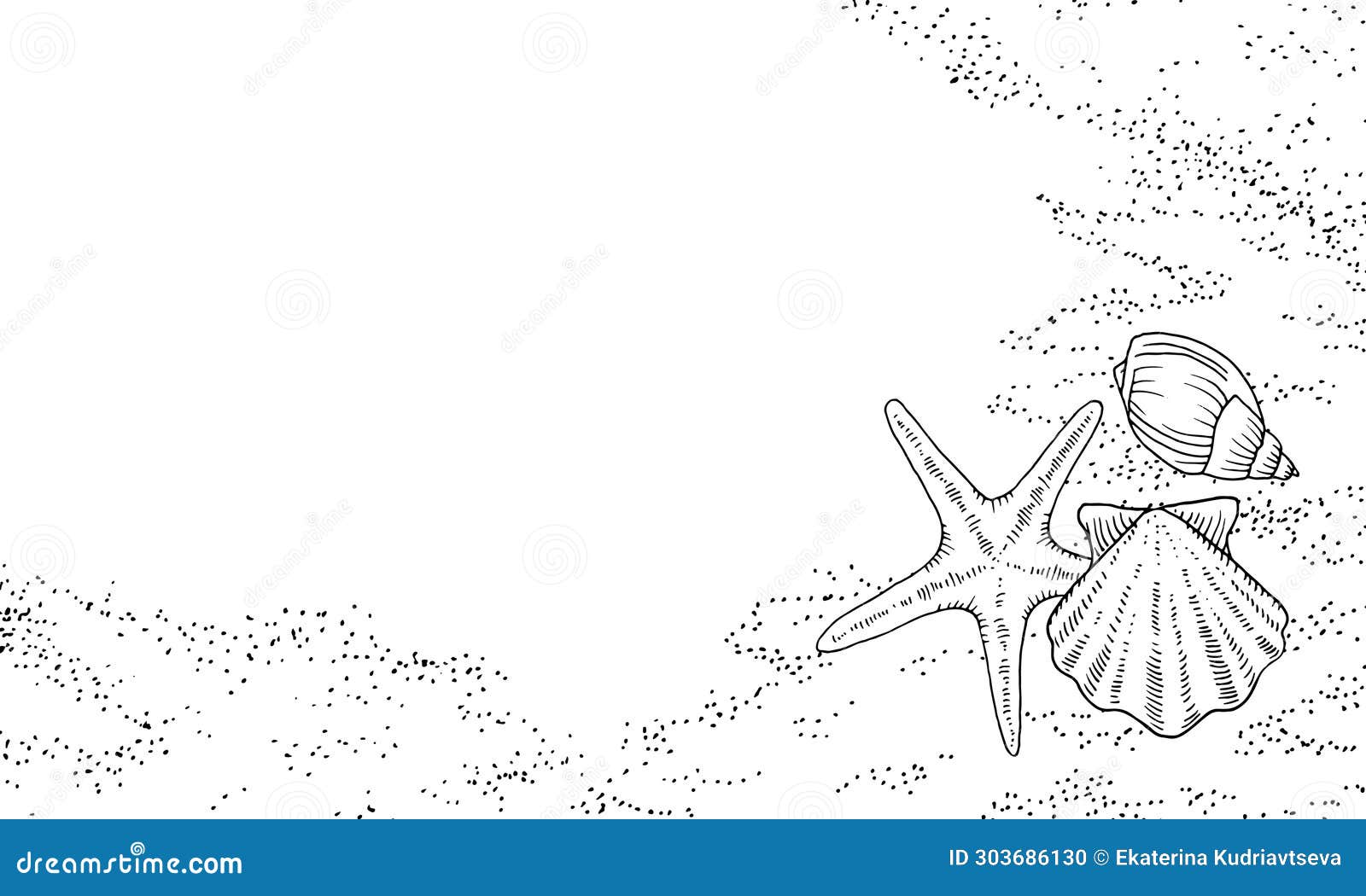 Sea Background with Sand and Shells. Vector Outline Illustration. Hand ...