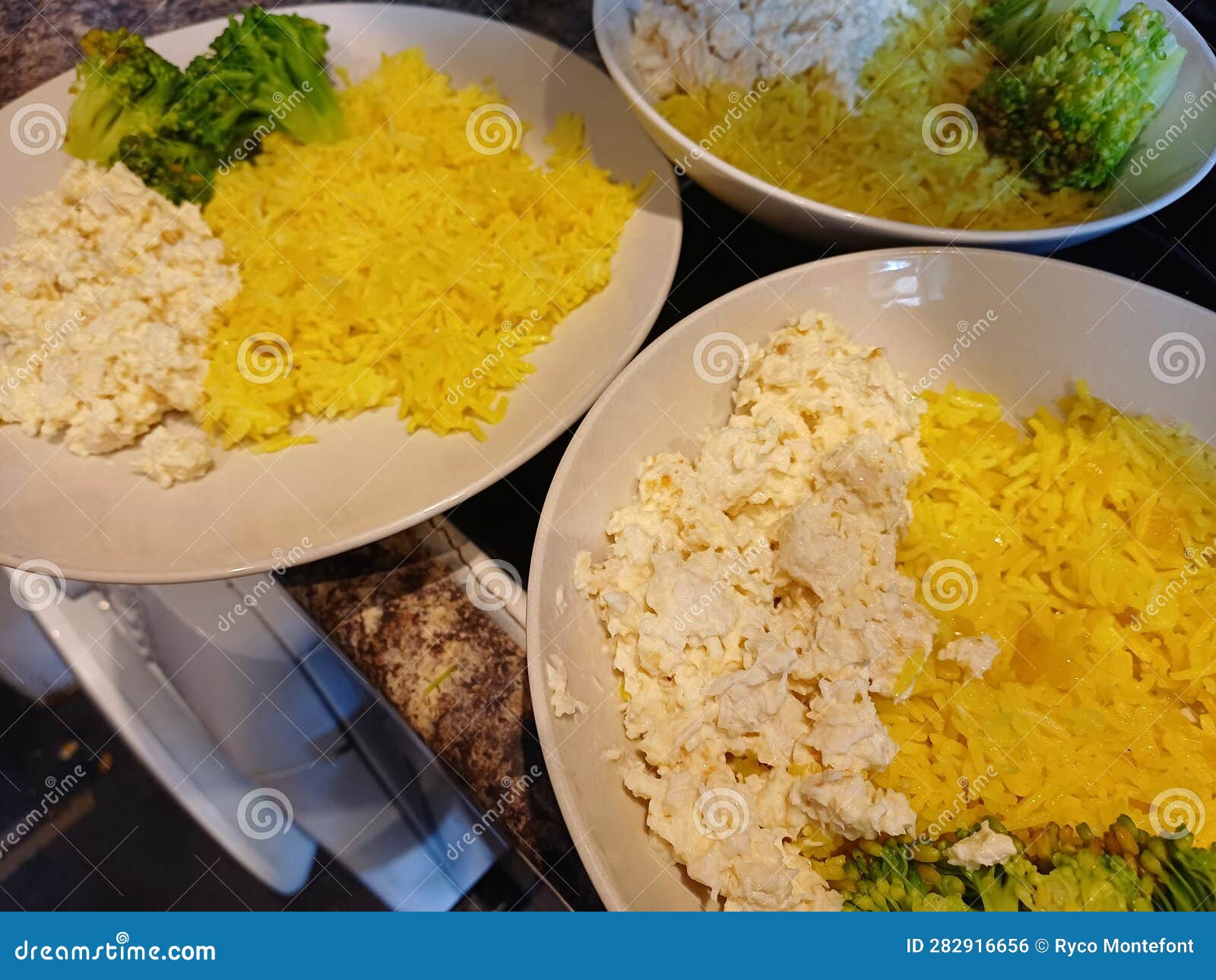 Sea Basa Fillet Pasteurized with Broccoli and Indien Yellow Rice Stock ...