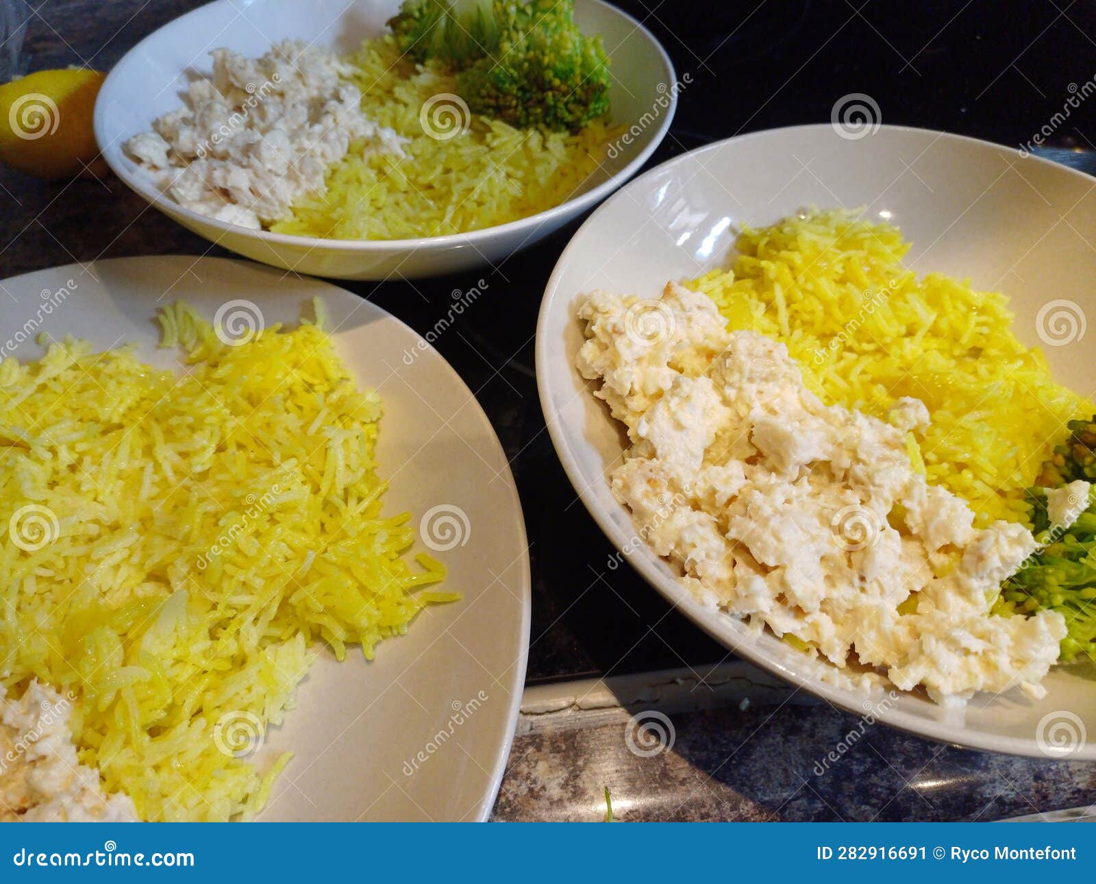 Sea Basa Fillet Pasteurized with Broccoli and Indien Yellow Rice Stock ...