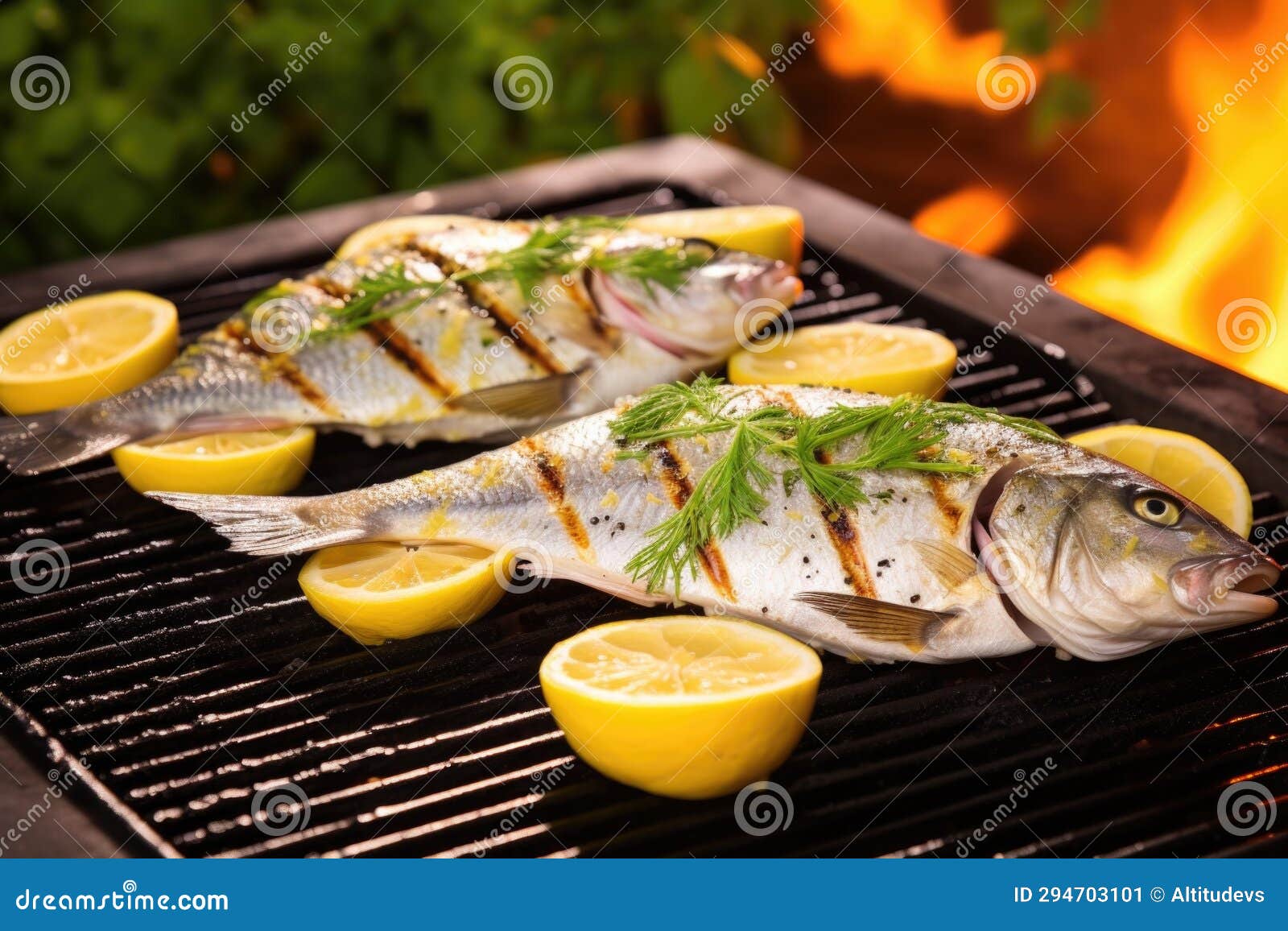 Sea Bass on Grill Patch with Sliced Lemon Garnish on the Side Stock ...