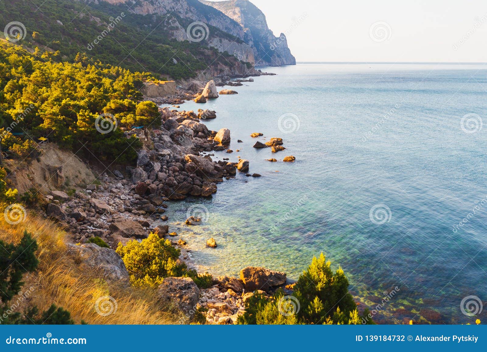 Sea Bay at Sunset Juniper Bushes and Beach Stock Photo - Image of ...