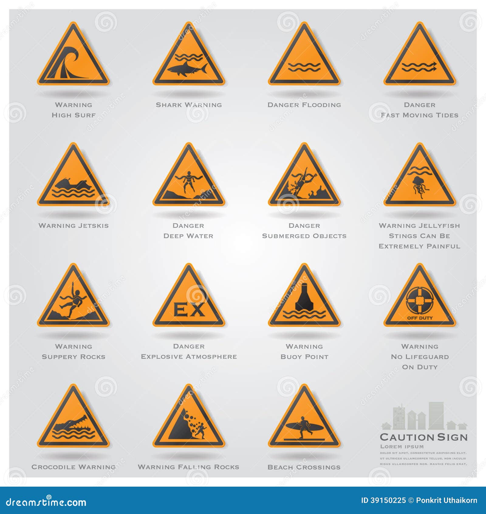 Sea And Beach Caution And Warning Sign Icons Set Stock Vector - Image ...