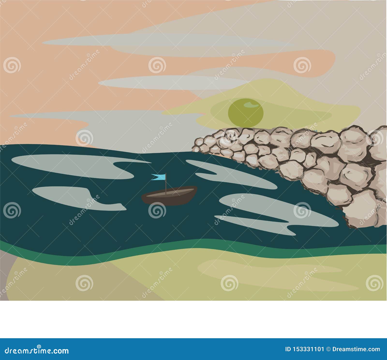 Sea on the Beach, Sun and Rocks Stock Vector - Illustration of boat ...