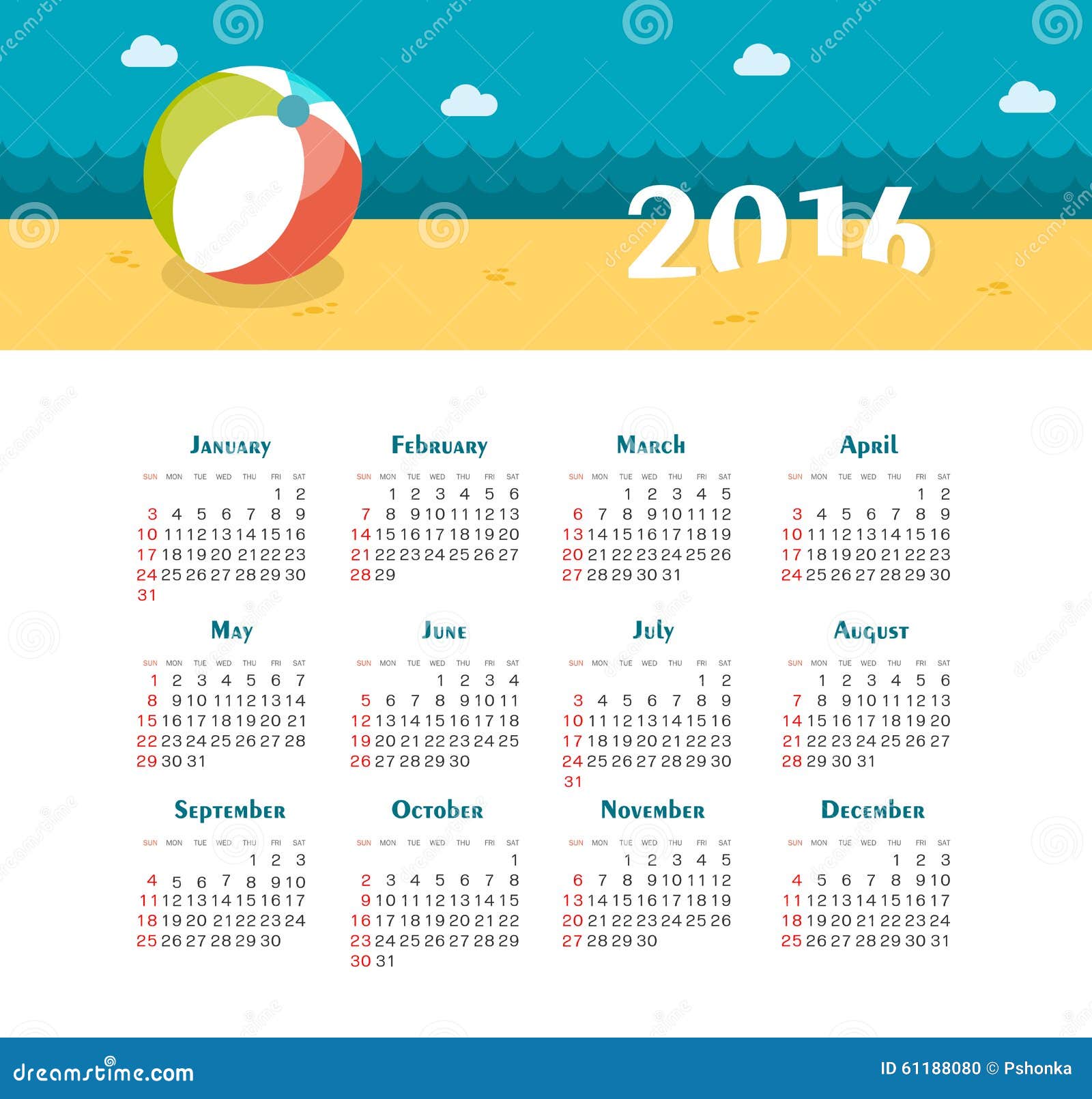 Sea Calendar for 2016. Week Starts Sunday Stock Vector - Illustration ...