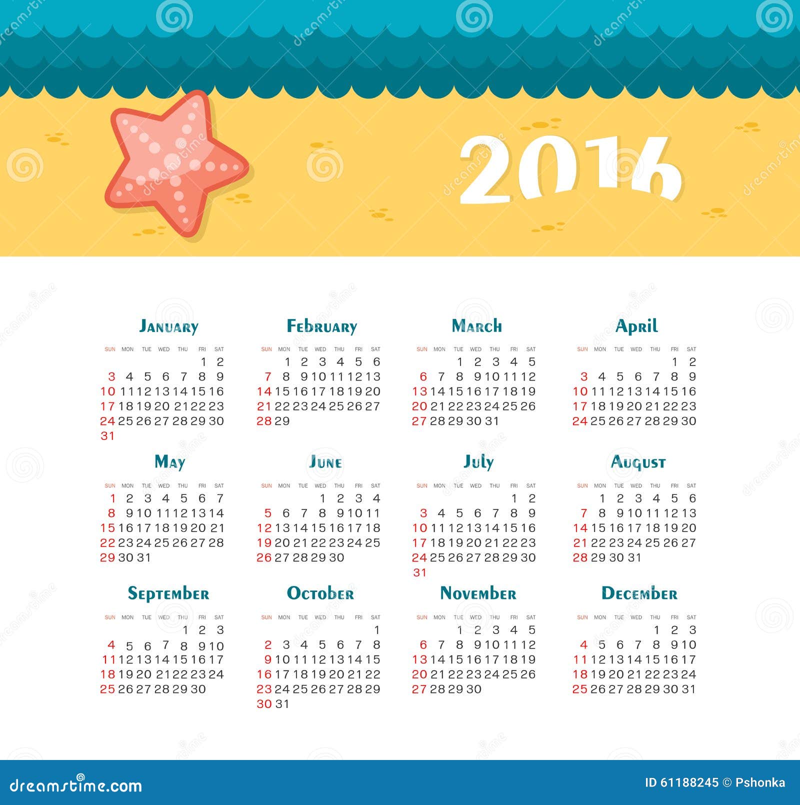 Sea Calendar for 2016. Week Starts Sunday Stock Vector - Illustration ...
