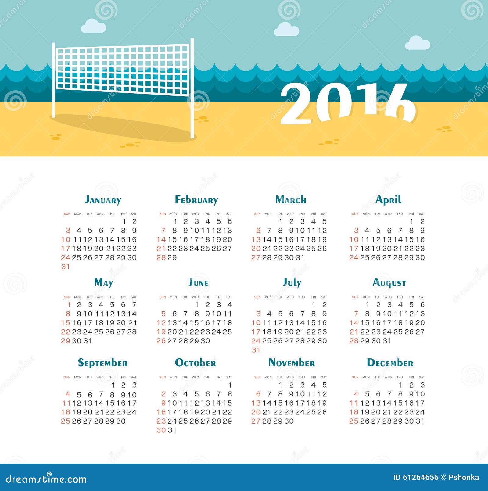 Sea Calendar for 2016. Week Starts Sunday Stock Vector - Illustration ...