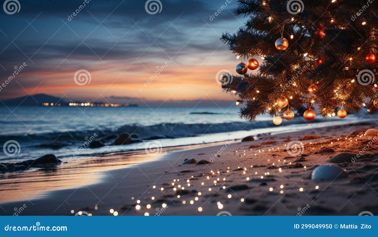 Sea with Chistmas Tree Lights Stock Photo - Image of cheer, wreath ...