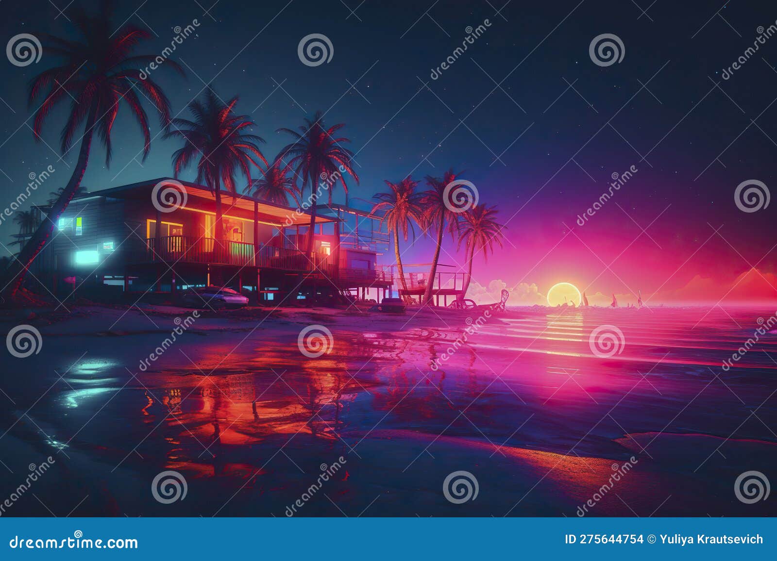 Sea Coast in Neon Colors. Generative AI Stock Illustration ...