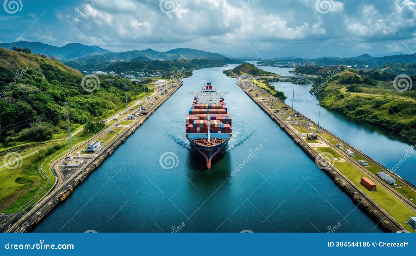 A Sea Container Ship Sails through the Panama Canal Stock Photo - Image ...