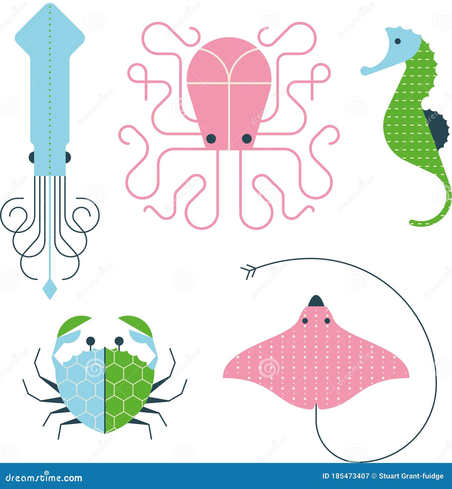 Five Colourful Sea Creatures in Flat Graphic Style Stock Vector ...