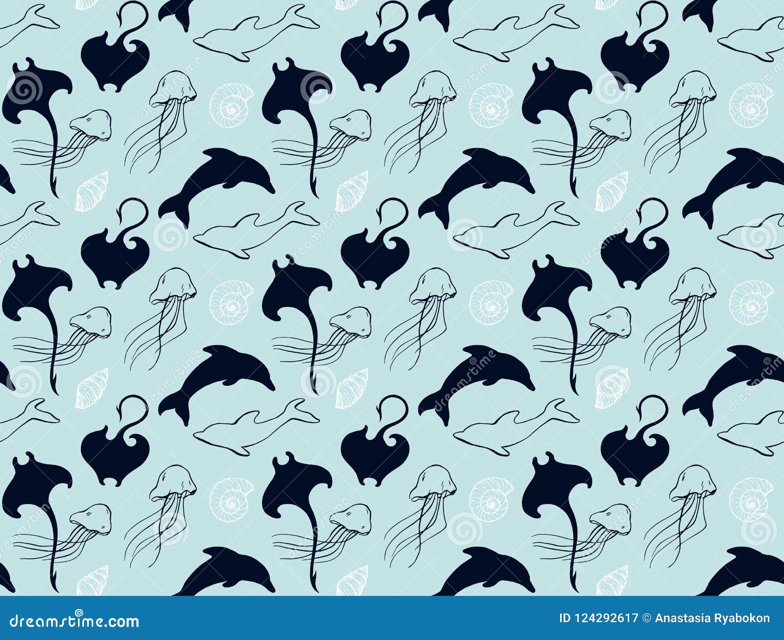 Sea Creatures and Seashells Blue Pattern Vector Stock Vector ...