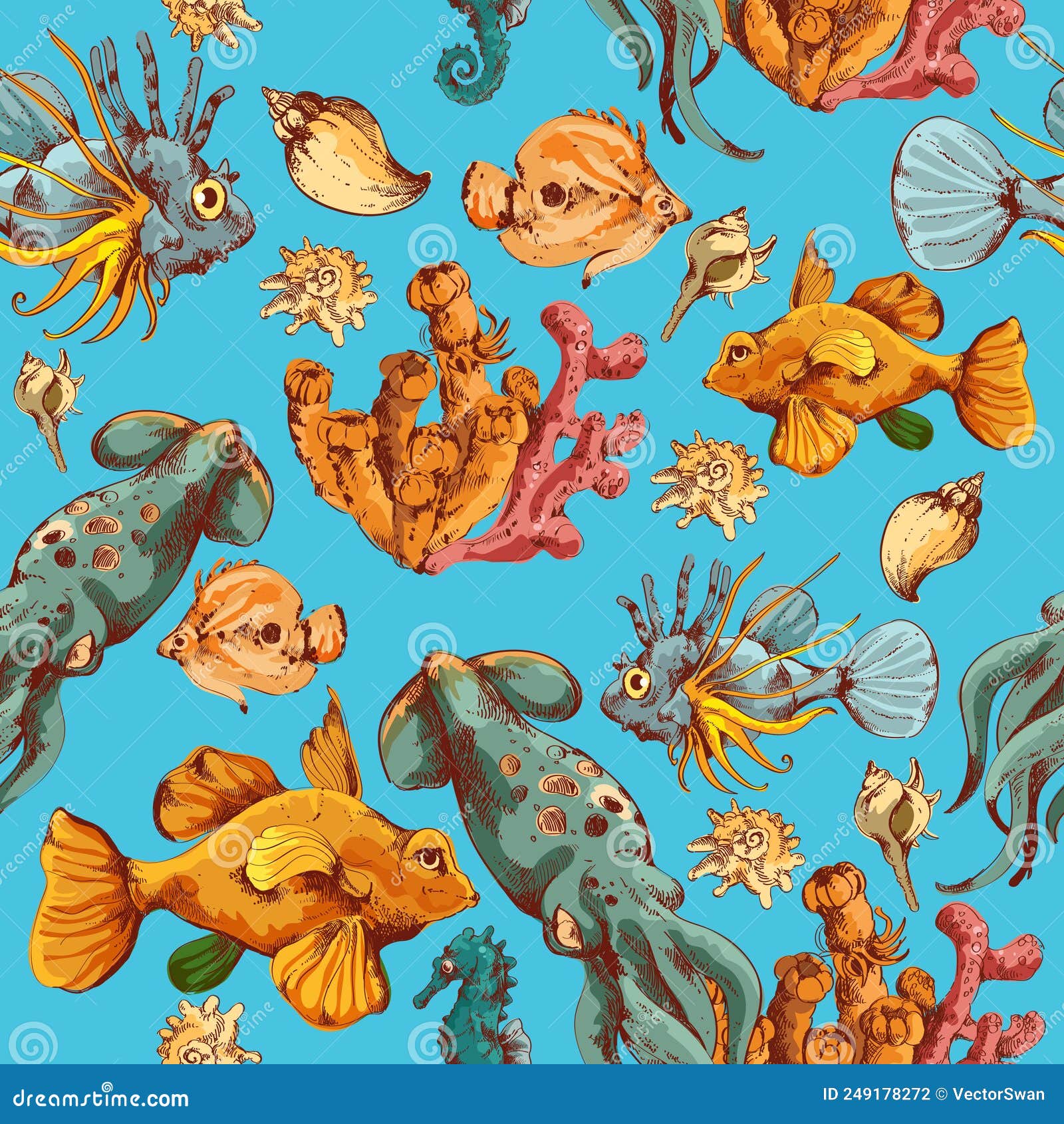 Sea Creatures Sketch Colored Seamless Pattern Stock Vector ...