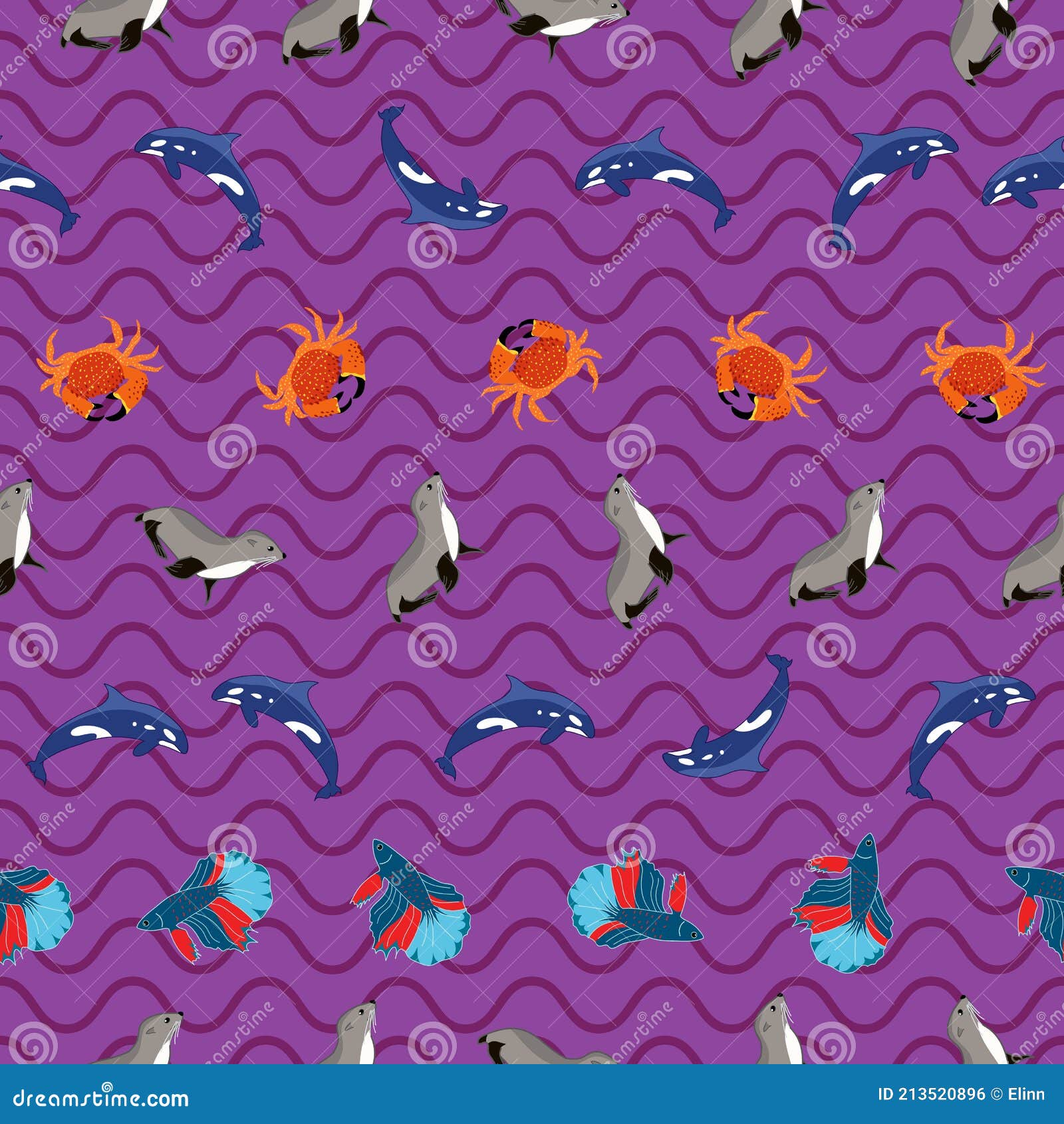 Sea Creatures Vector Repeat Pattern on Purple Background Stock Vector ...