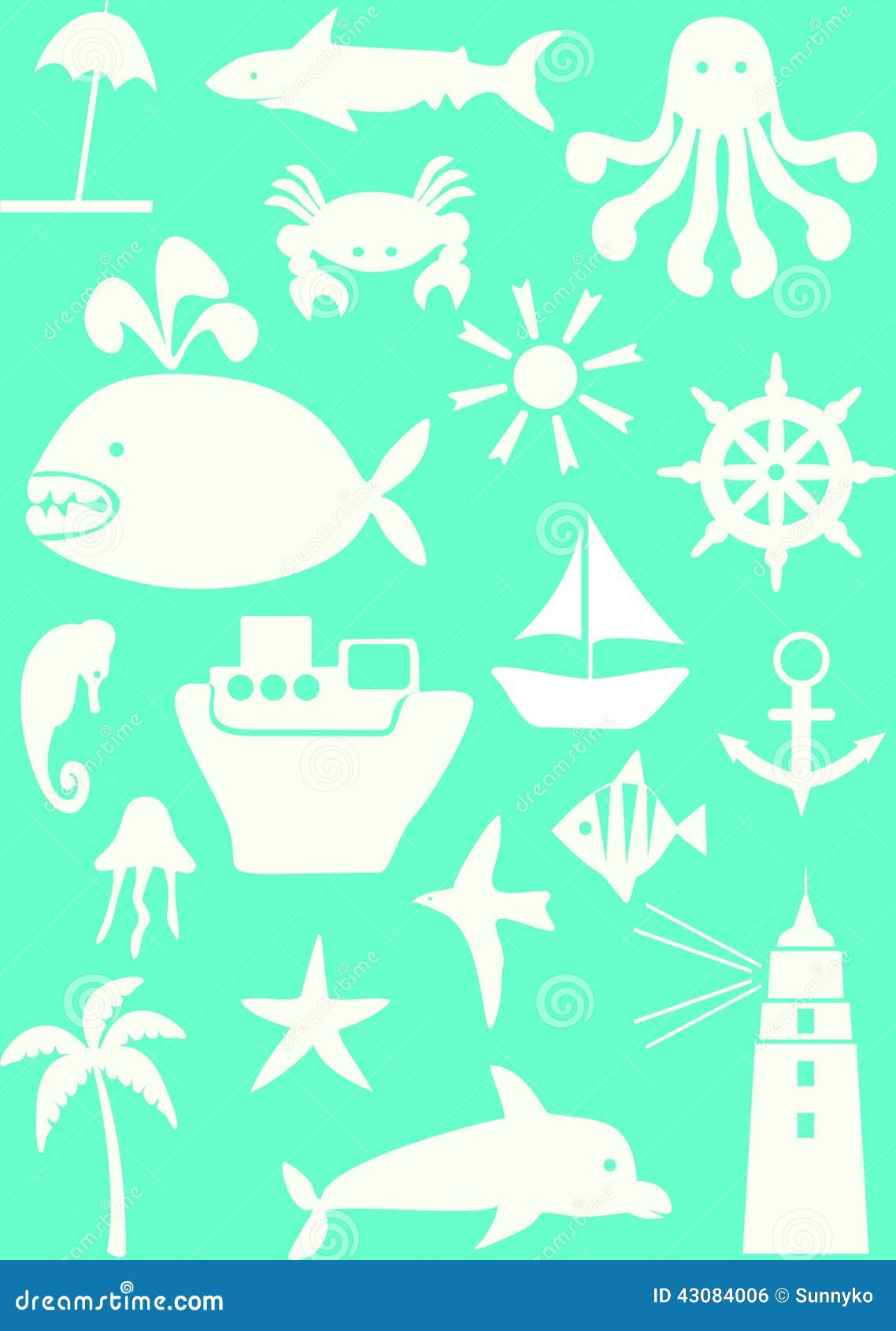 Sea stock illustration. Illustration of palm, boat, jellyfish - 43084006