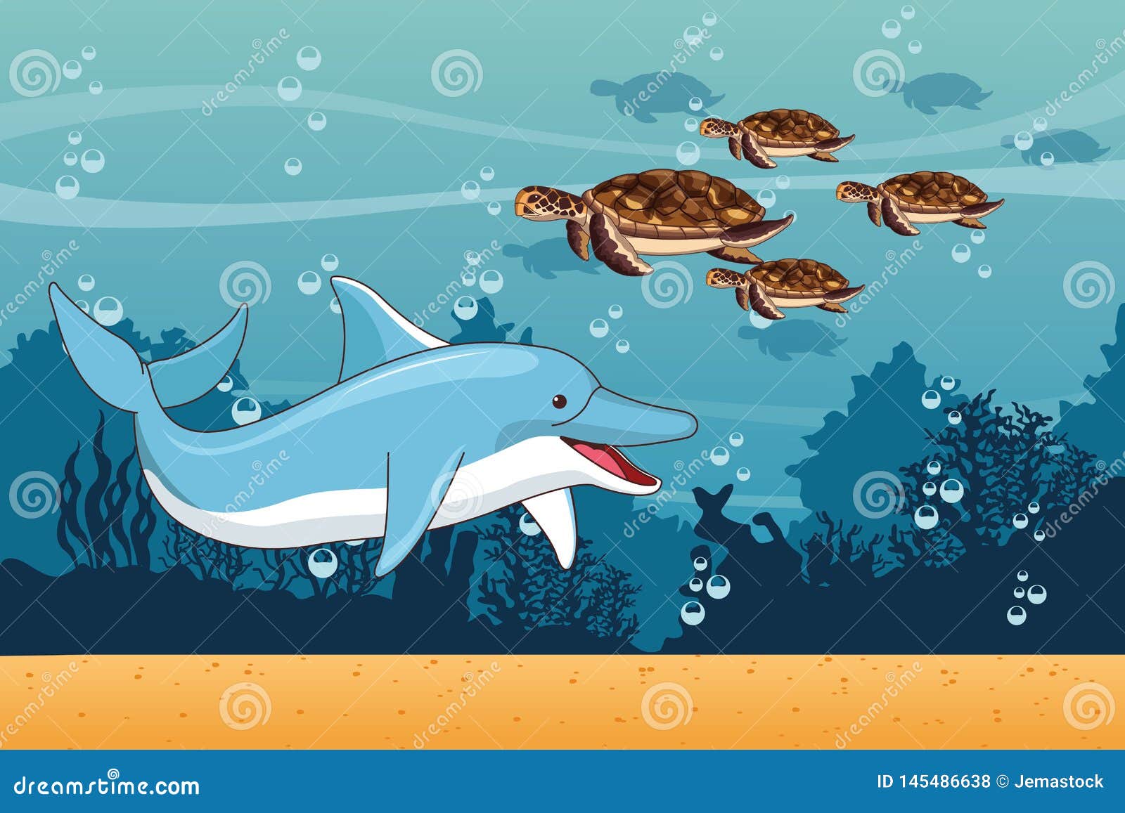 Sea with Dolphin and Turtles Scenery Stock Vector - Illustration of ...