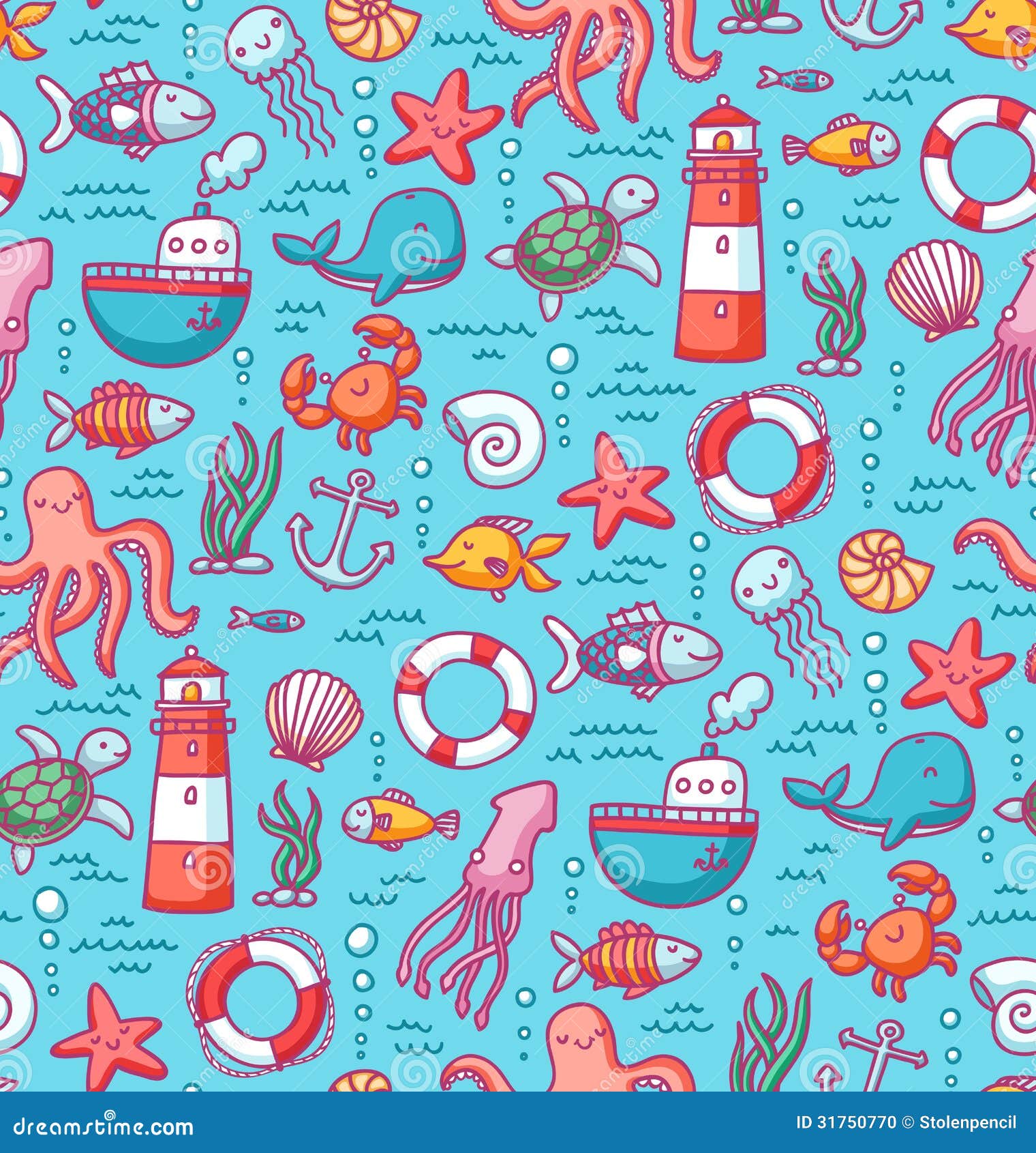 Sea doodles color pattern stock vector. Illustration of ship - 31750770