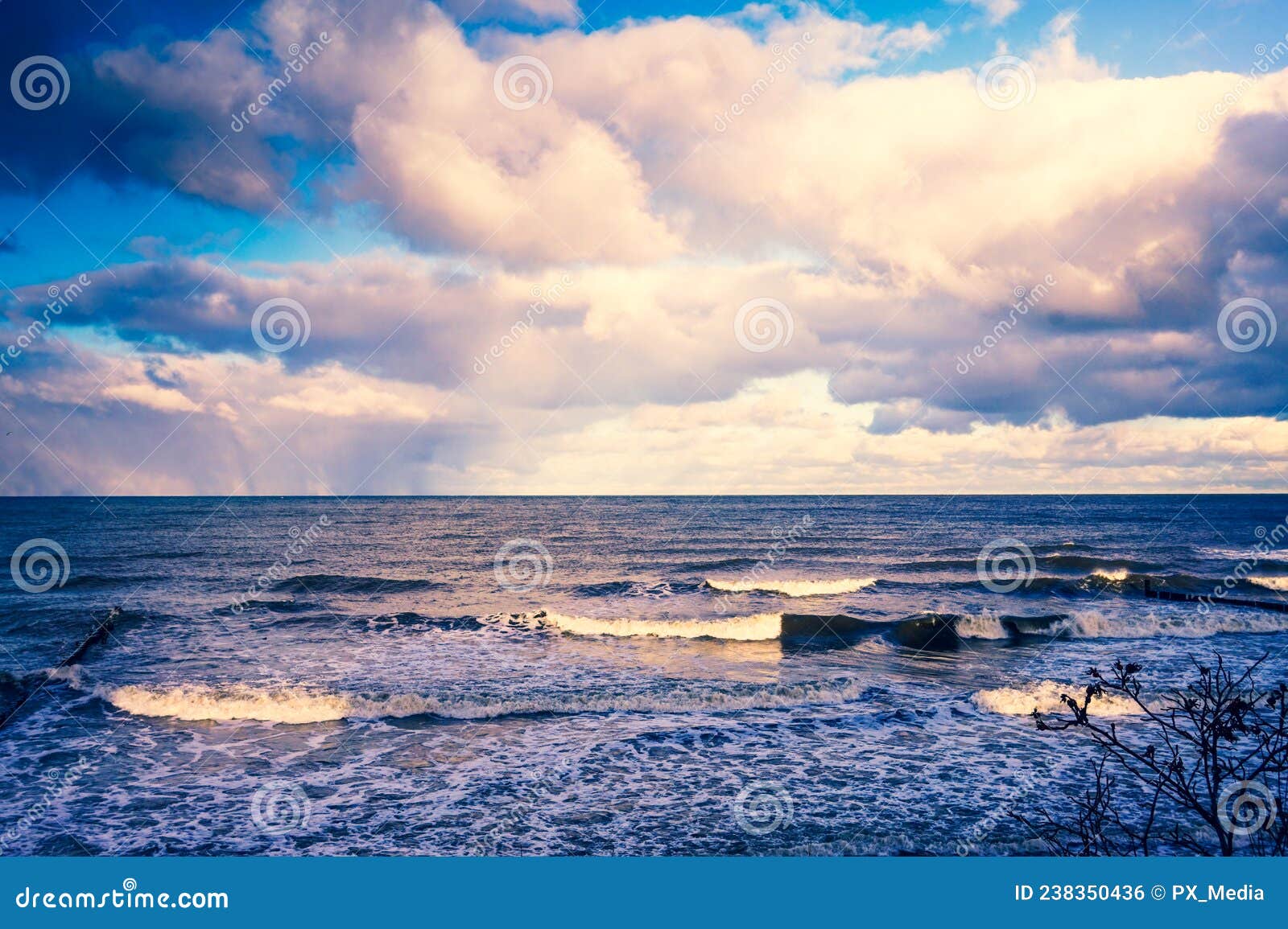 Sea and Dramatic Sky, Sandy Beach, Sunset Stock Photo - Image of ...