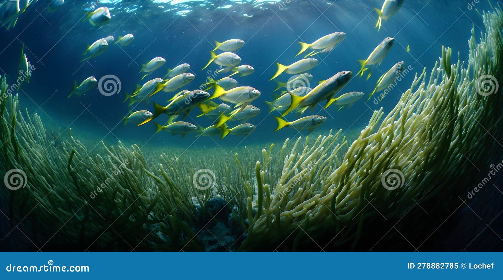 Sea Ecosystem, Large School of Fish on a Blue Background, Abstract Fish ...
