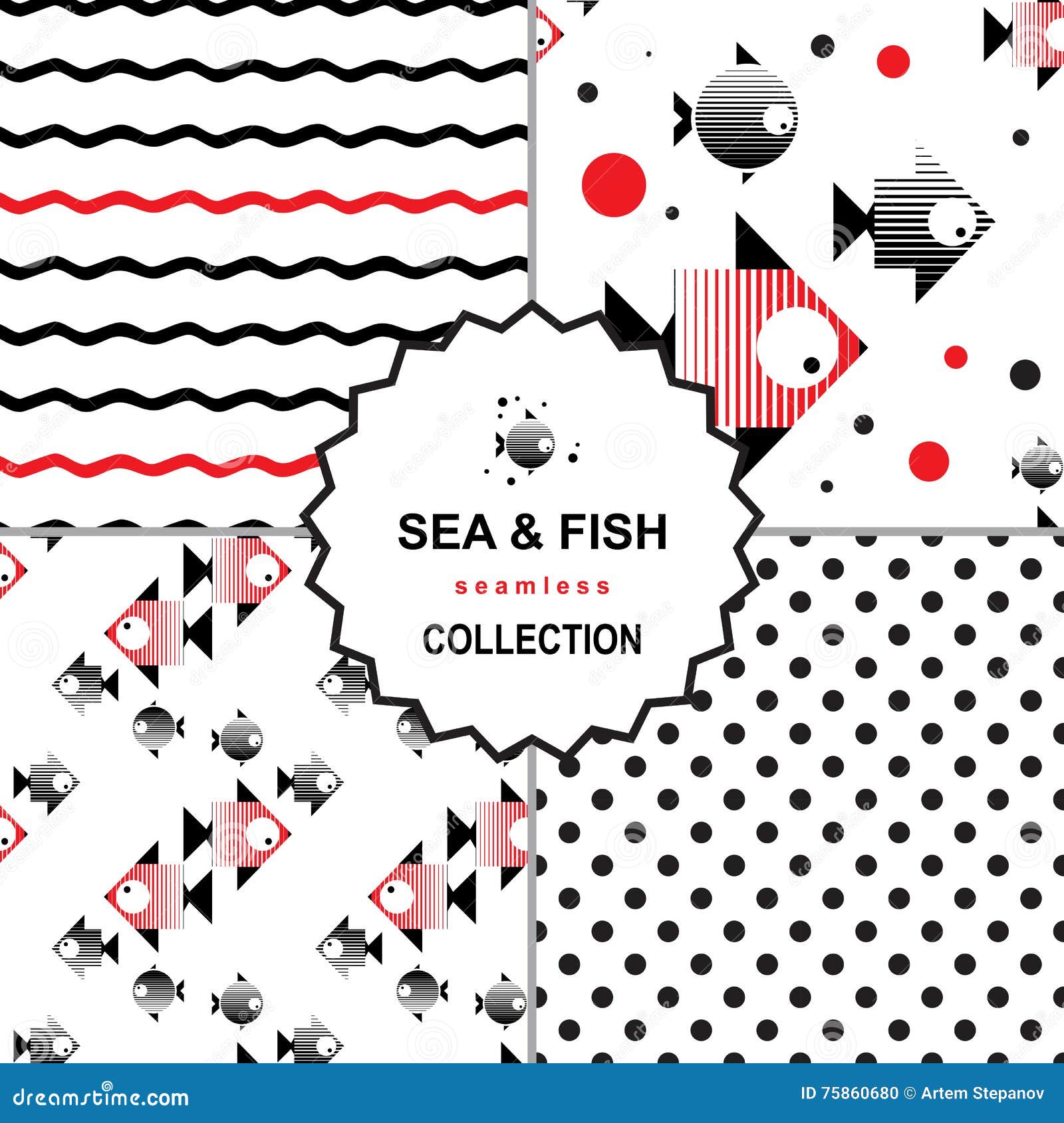 Sea and fish pattern set stock vector. Illustration of logotype - 75860680