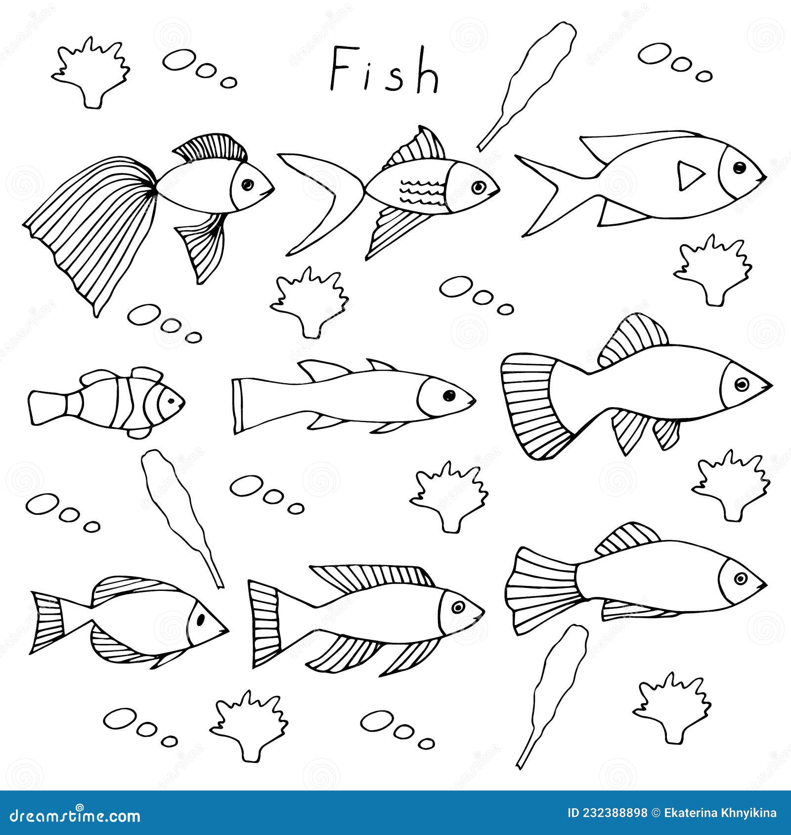 Sea Fish Set Vector Illustration, Hand Drawing Doodles Stock Vector ...