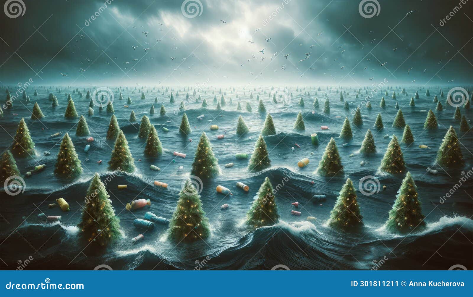 Sea with Floating Artificial Christmas Trees, Plastic Pollution Concept ...