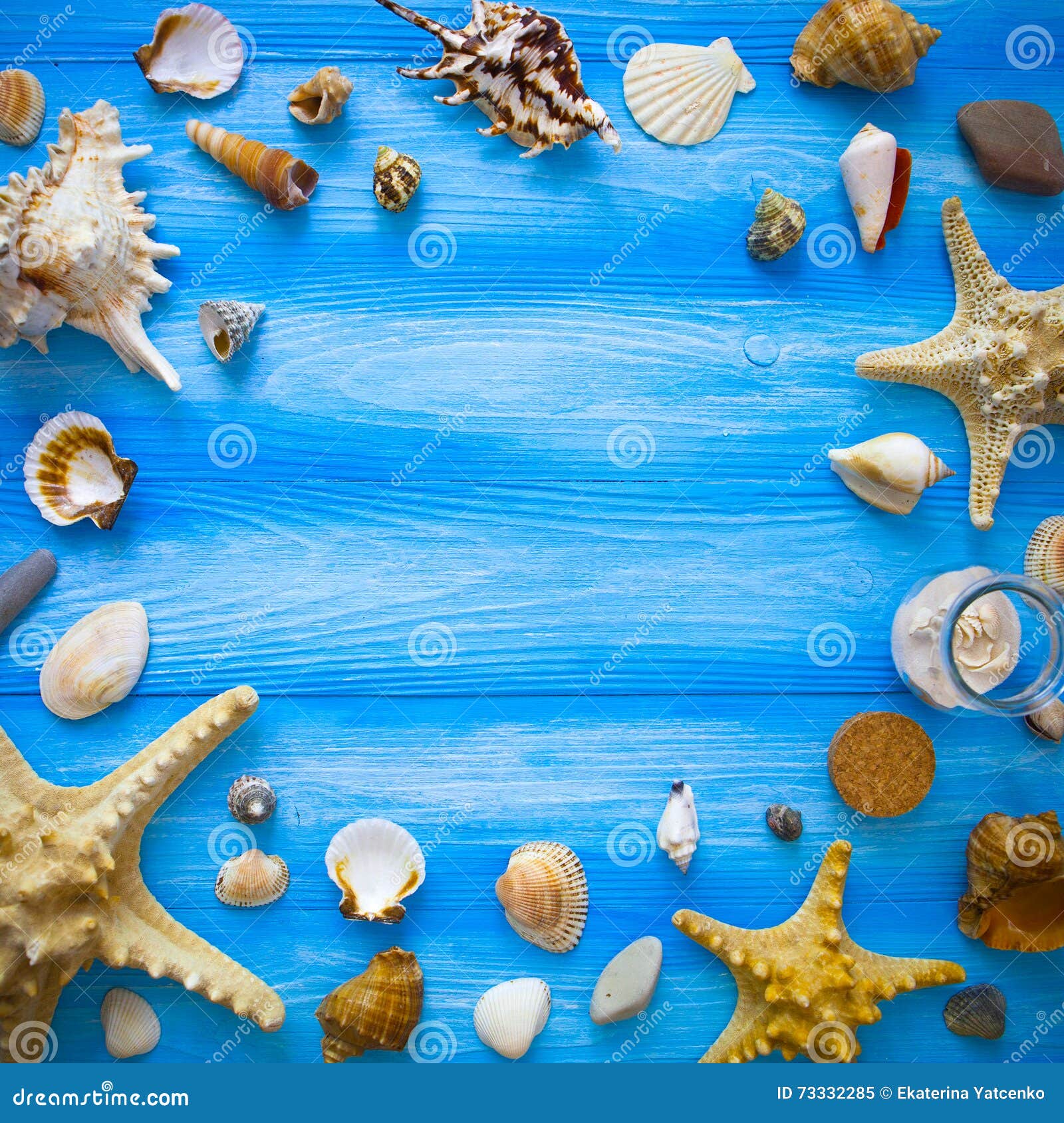 Sea Frame. Different Marine Items on Blue Wooden Background Stock Image ...