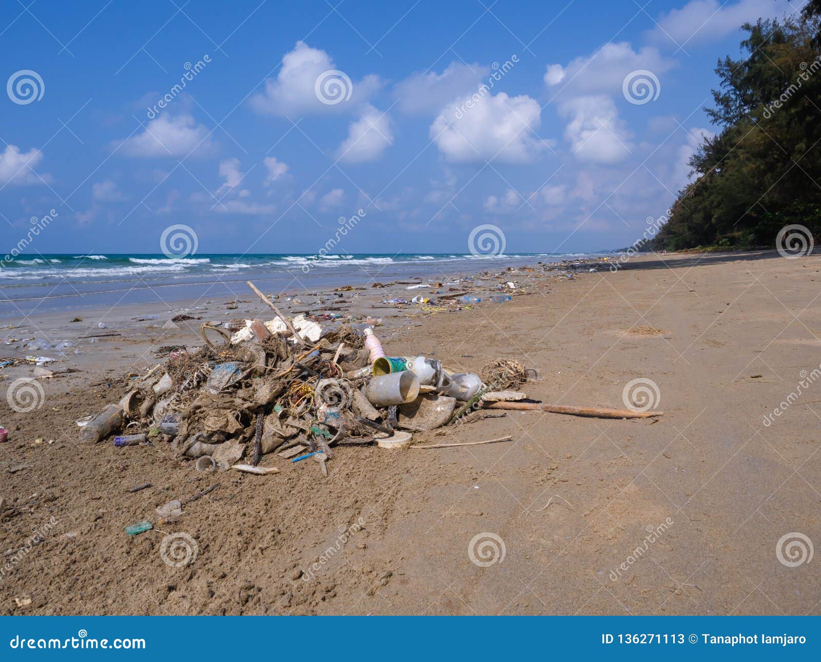 The Sea that is Full of Garbage is on the Beach on the Bright Five Days ...