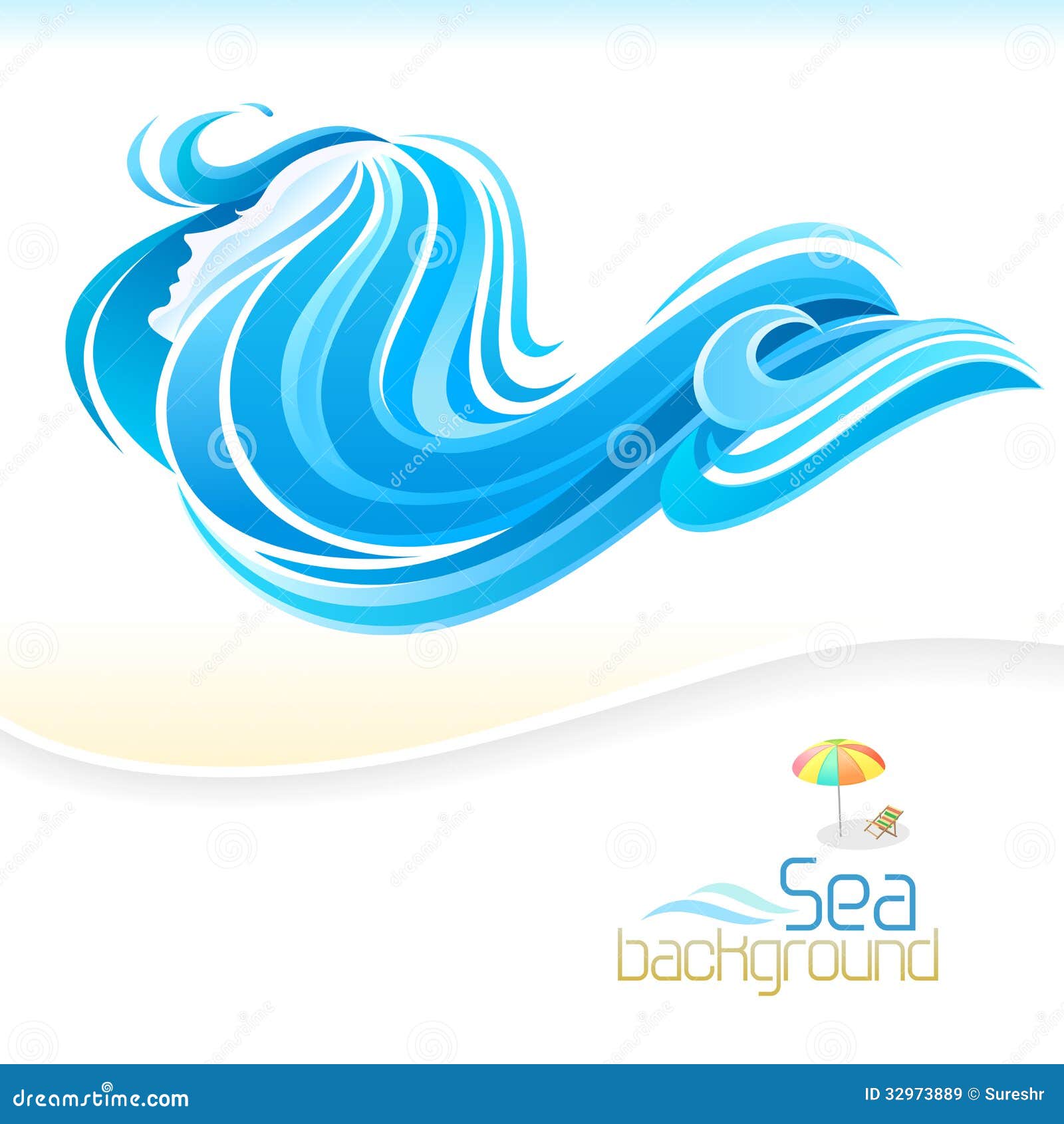 Sea Girl and Blue waves stock vector. Illustration of pattern - 32973889