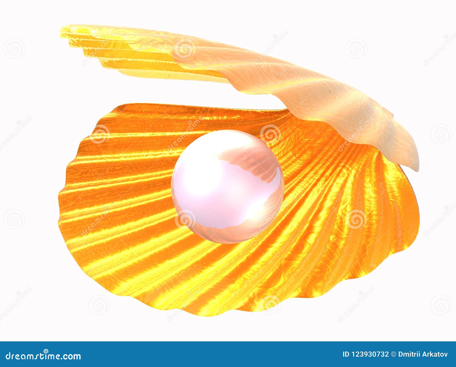 Golden Sea Shell With Pearl Isolated On White Background. 3D Ill ...