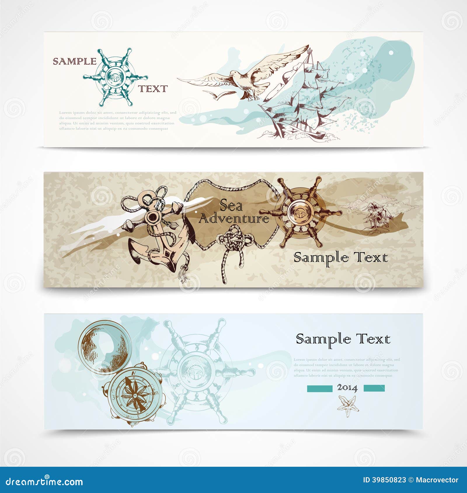 Sea Horizontal Nautical Design Banners Set Stock Vector - Illustration ...