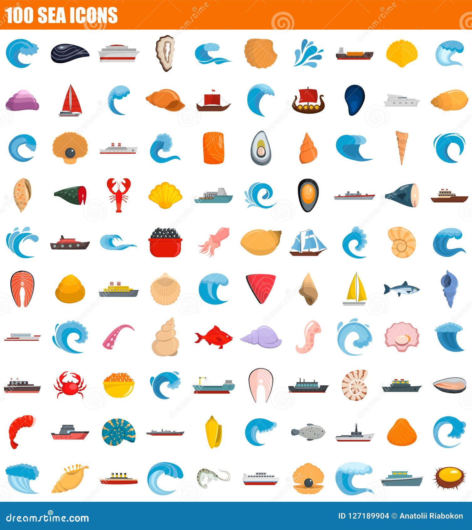 100 Sea Icon Set, Flat Style Stock Illustration - Illustration of party ...